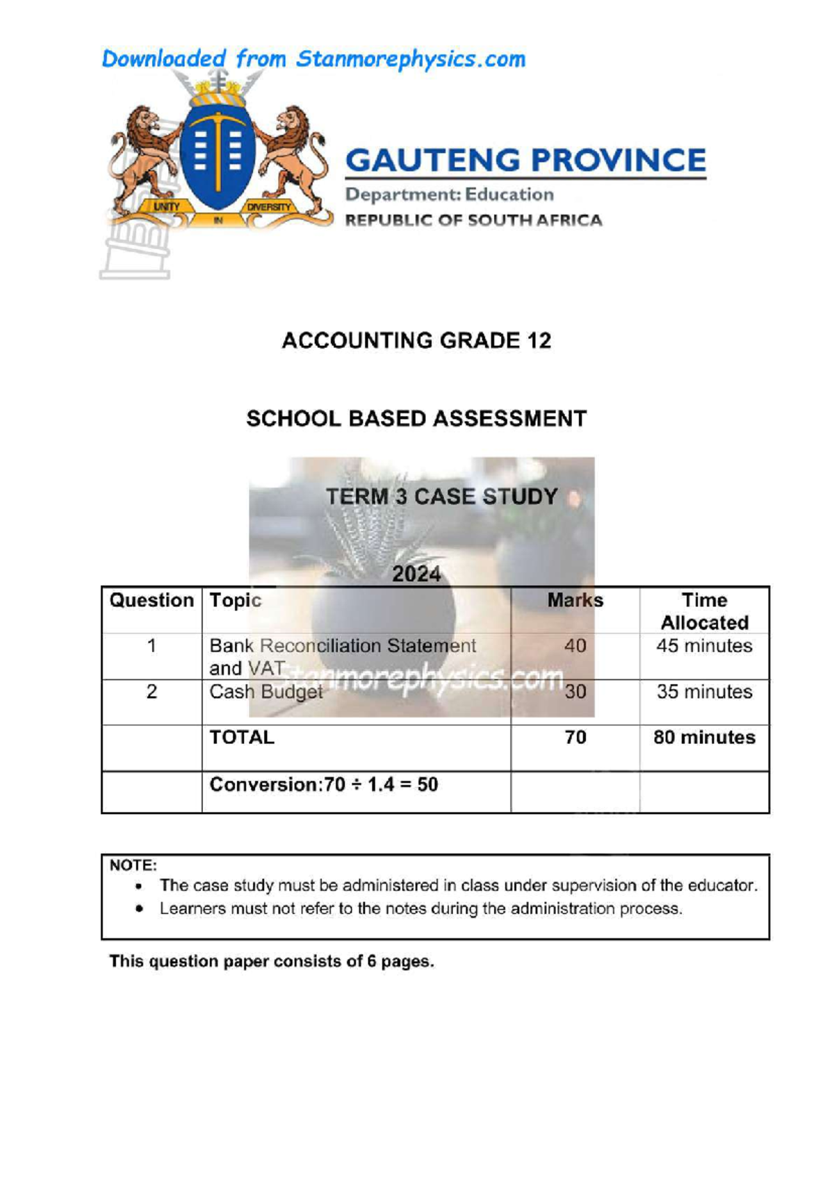 GP Accounting Grade 12 TERM 3 CASE STUDY 2024 and Memo 1 Analysis - Studocu