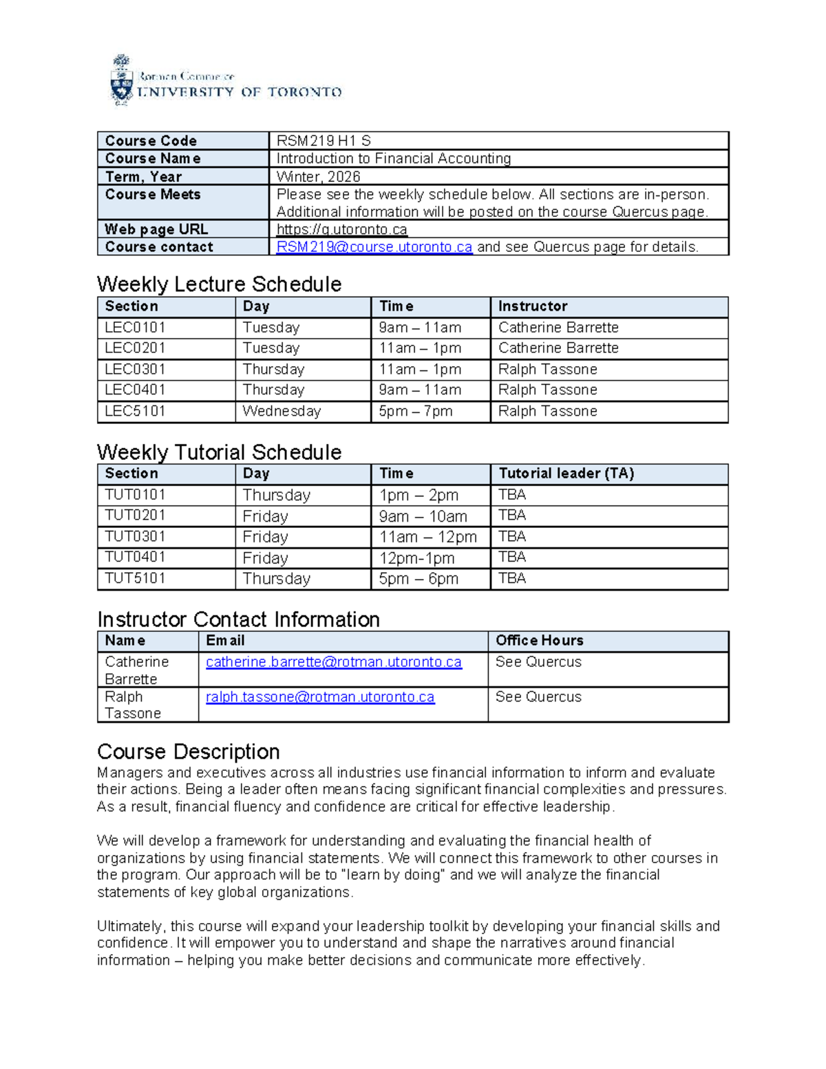 RSM219H1S - Winter 2026 Introduction to Financial Accounting Schedule ...