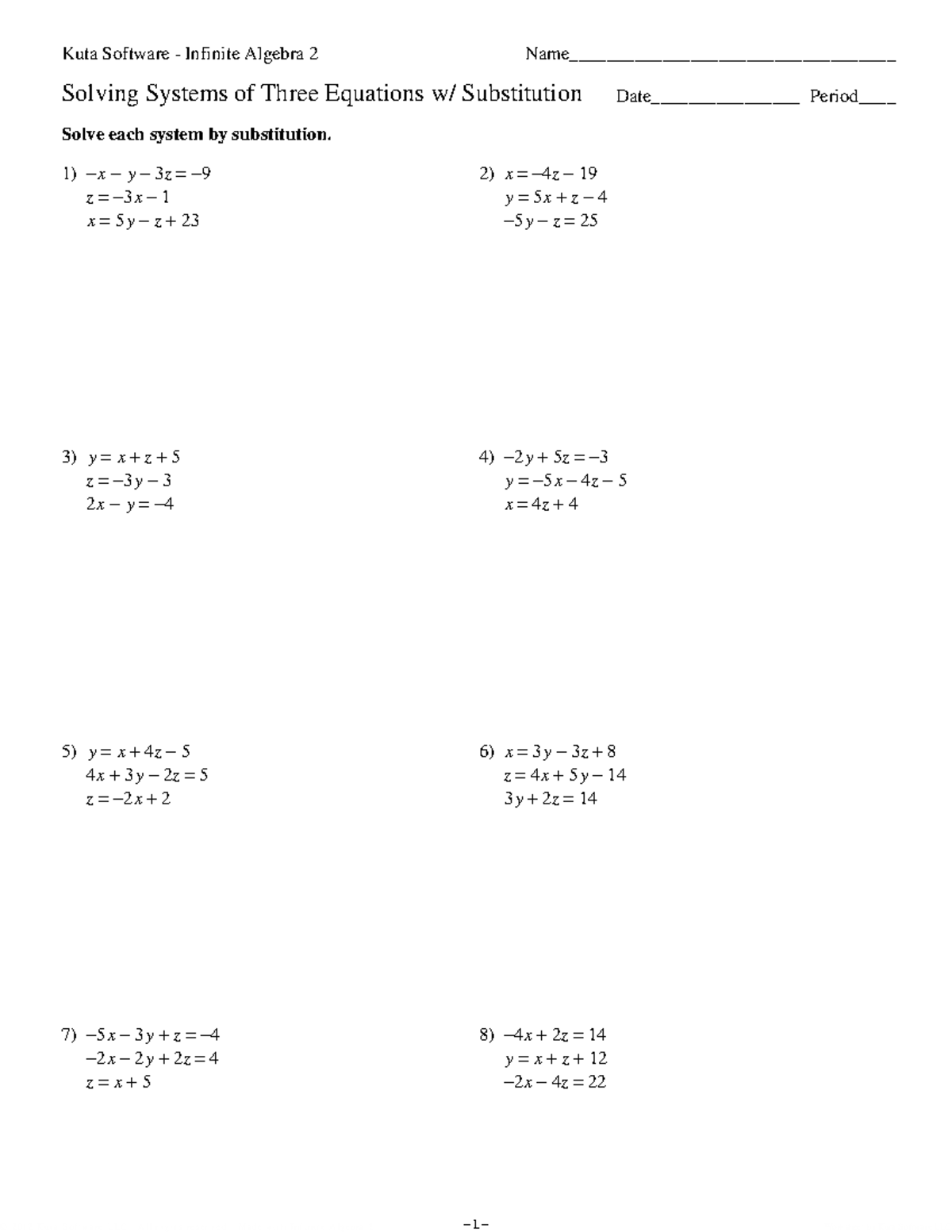 Systems of Three Equations: Substitution Worksheet (Kuta Software ...
