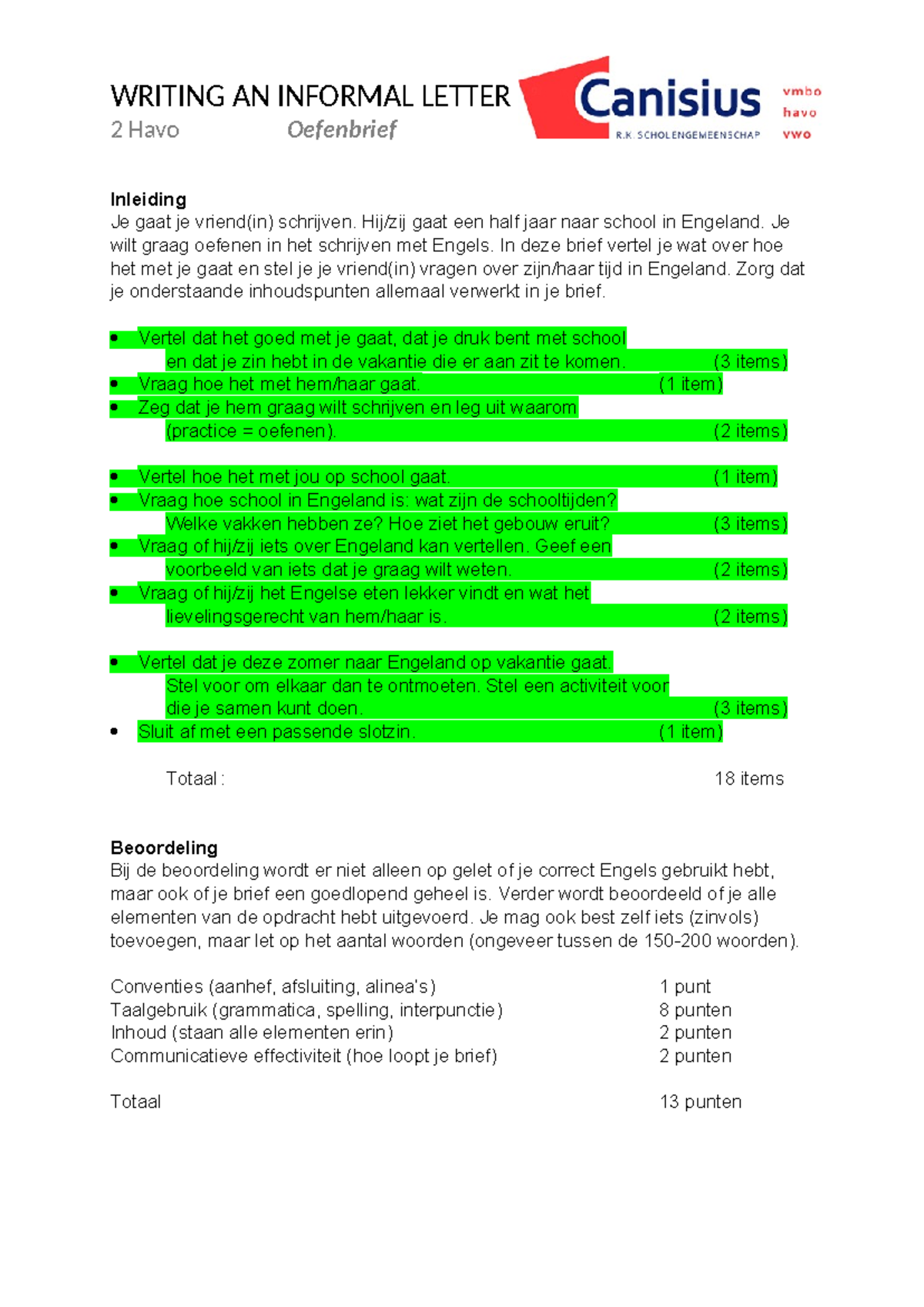 Oefenbrief voor Informele Brief - 2 Havo Engels - Studeersnel