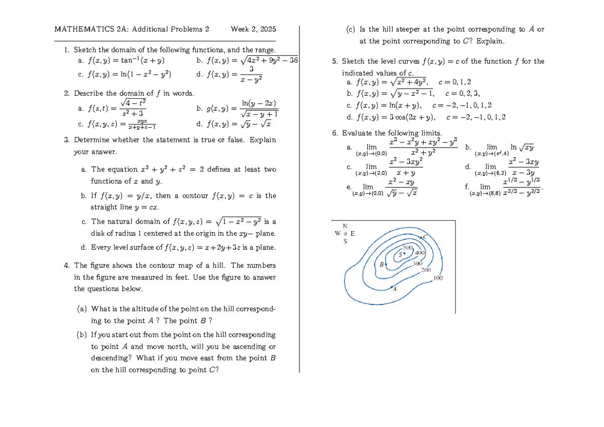 Additional proms 2 - MATHEMATICS 2A: Additional Problems 2 Week 2, 2025 ...
