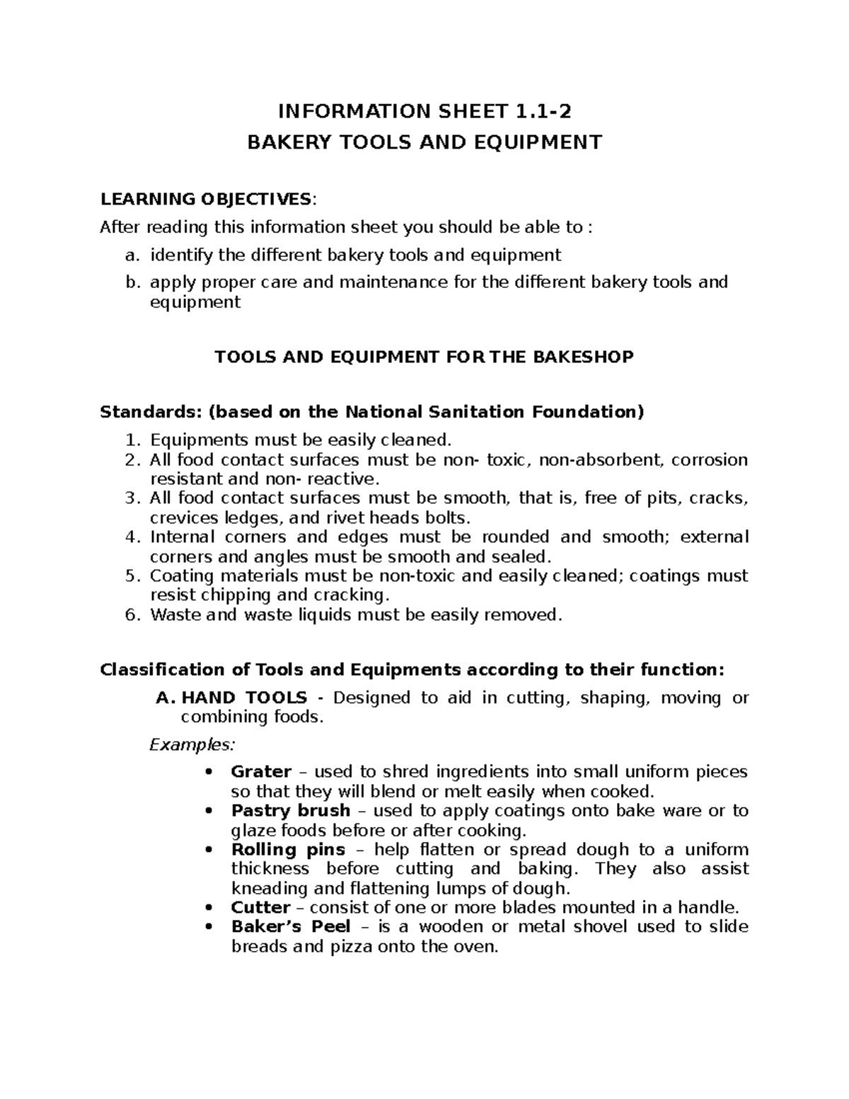 BSHRM Information Sheet 1.1: Bakery Tools & Equipment Overview - Studocu