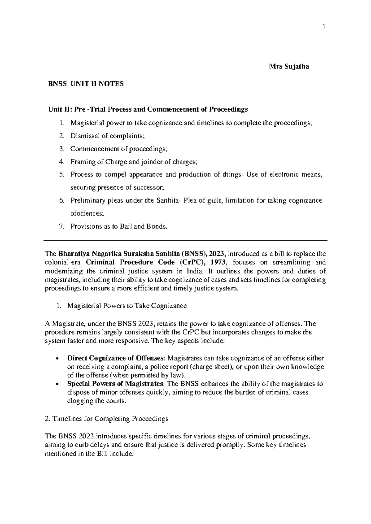 BNSS 2023 Unit II Notes: Pre-Process & Commencement of Proceedings ...
