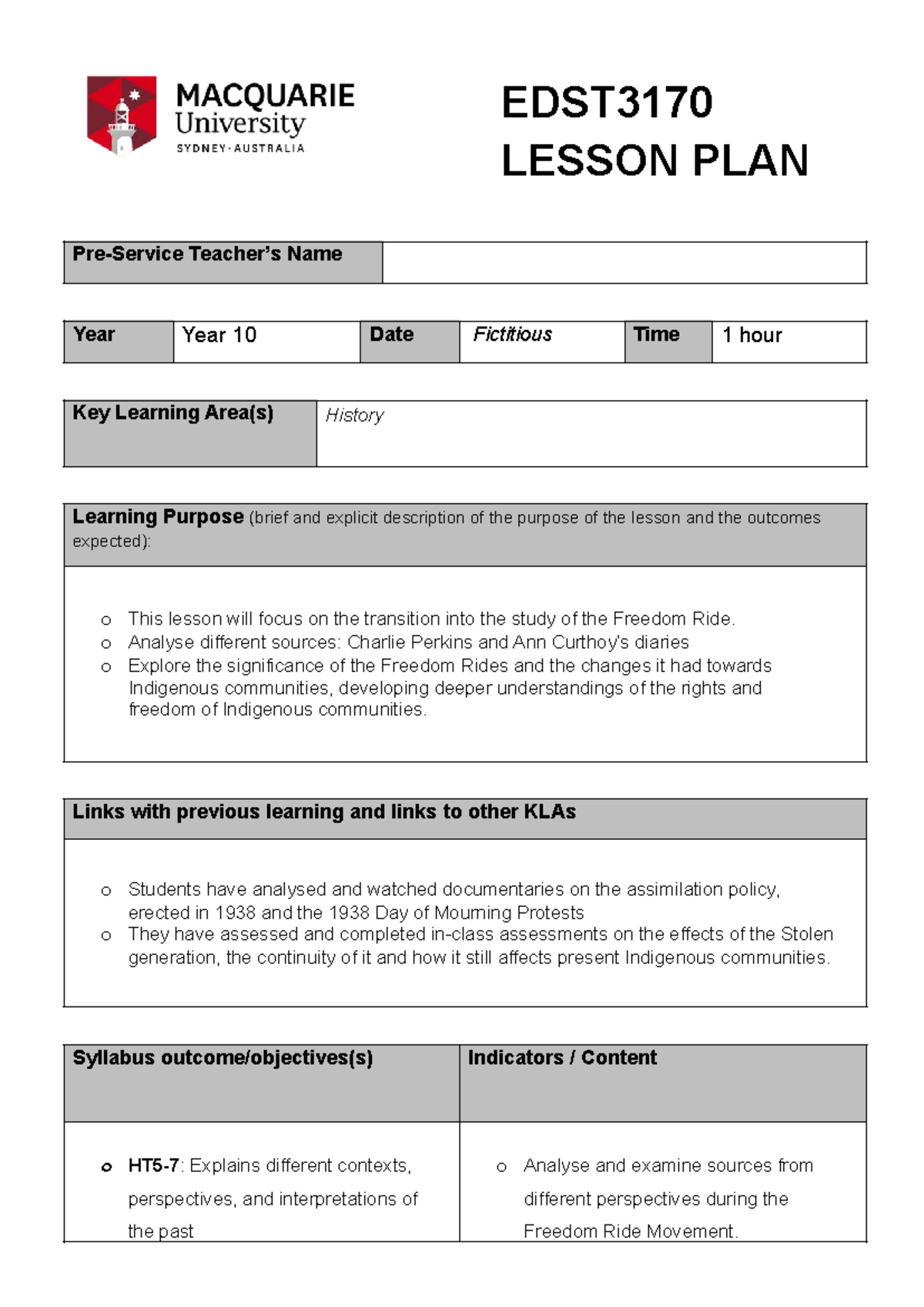EDST3170 lesson plan on the Freedom Ride and Indigenous perspectives ...