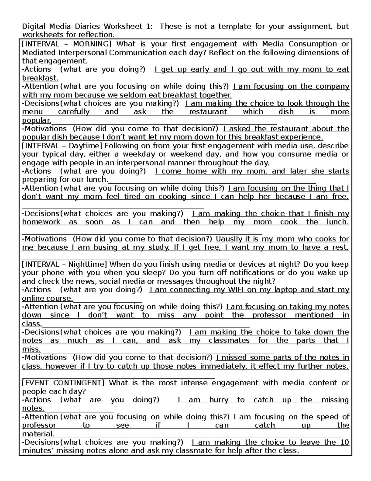 Digital Media Diaries Reflection Worksheets for Course [Course Code ...