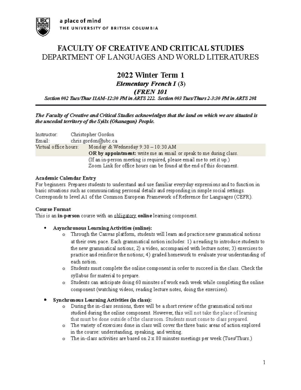 FREN 101 Winter 2022 Syllabus for Elementary French I Course - Studocu