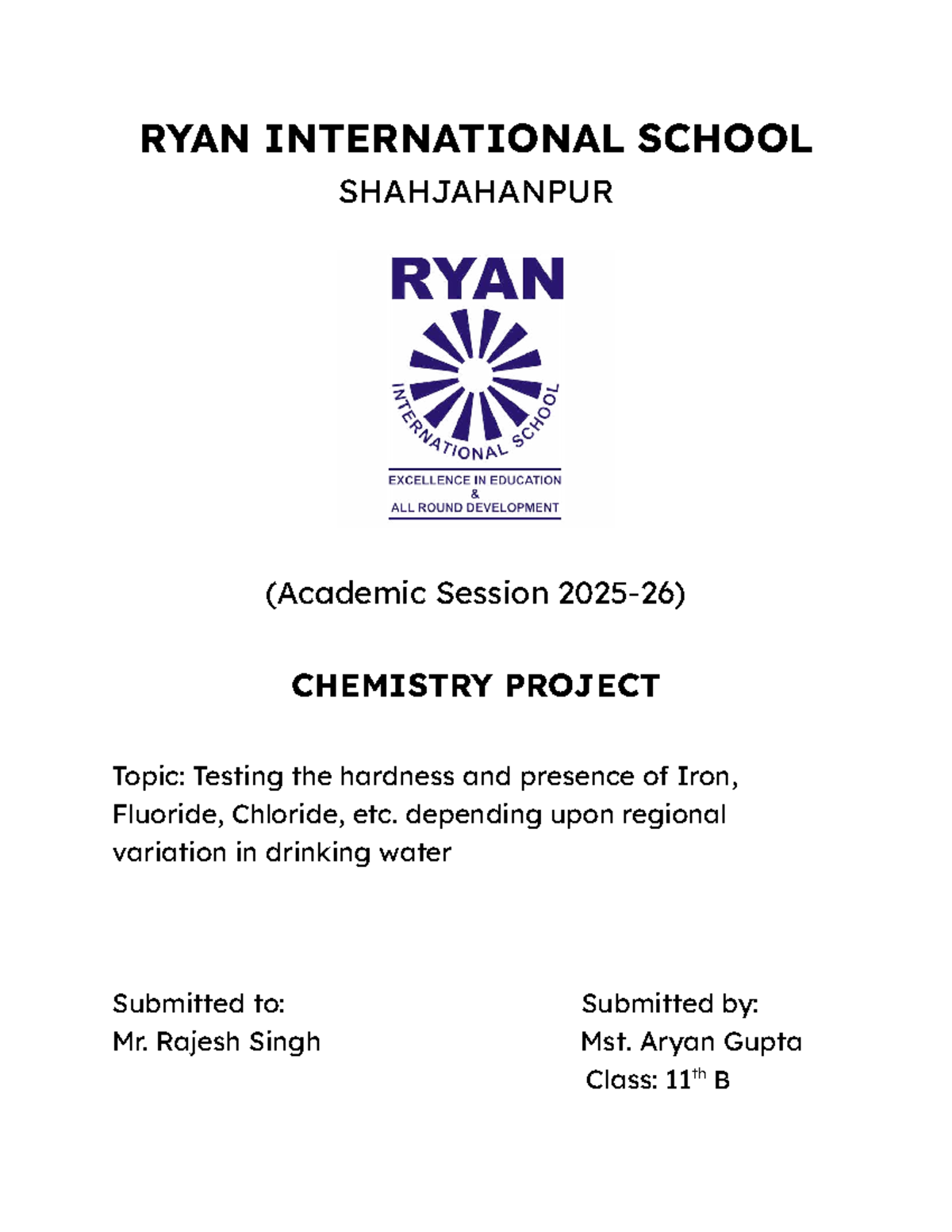 Chemistry Project: Testing Water Quality Variations (Class 11) - Studocu