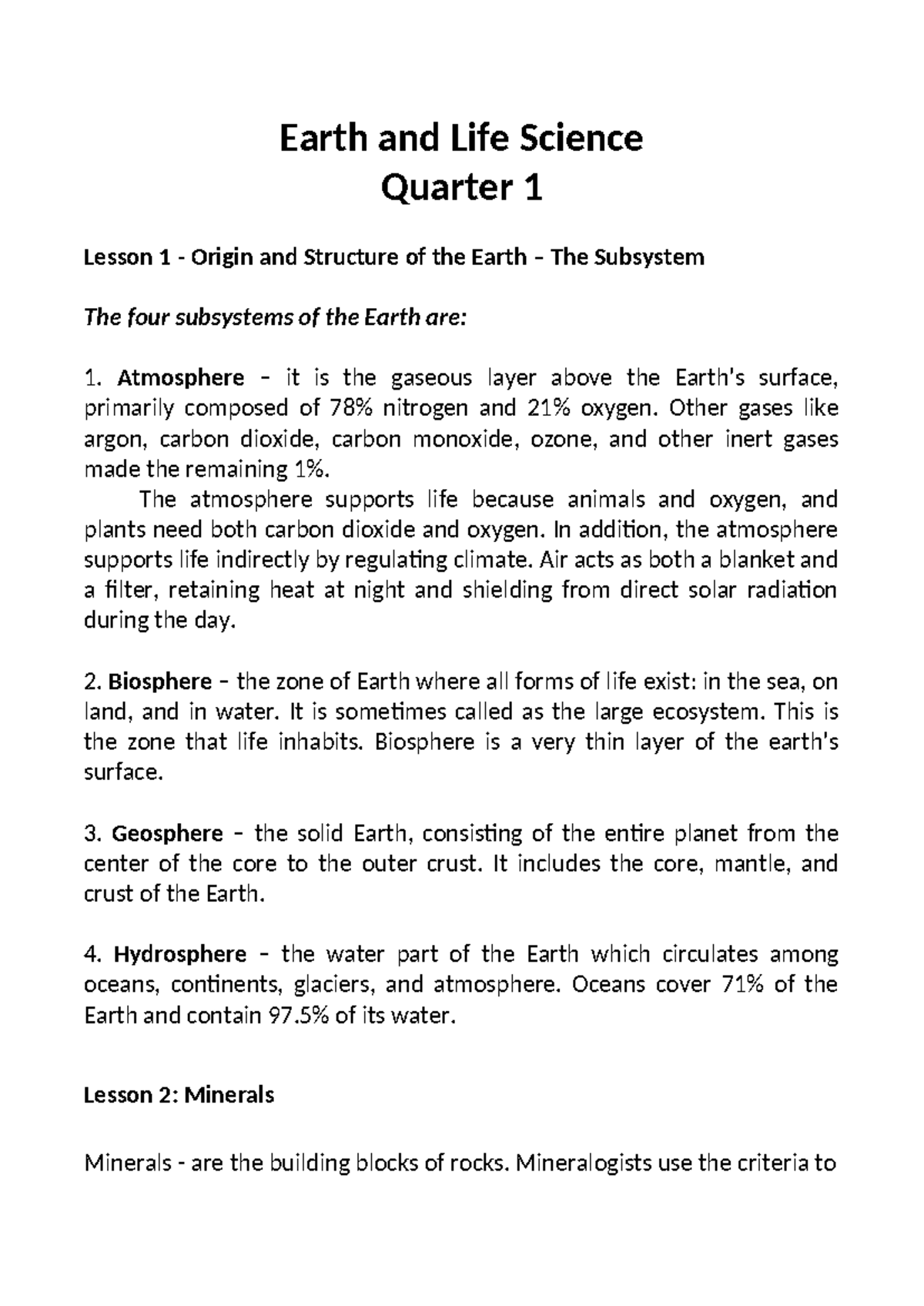 Earth and Life Science Q1: Lesson 2 - Understanding Minerals - Studocu