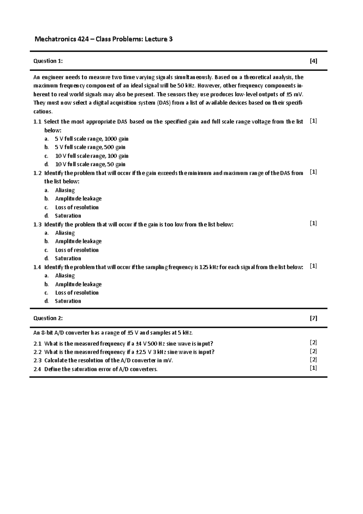 M424 Class Problems - Lecture 3 - Mechatronics 424 – Class Problems ...