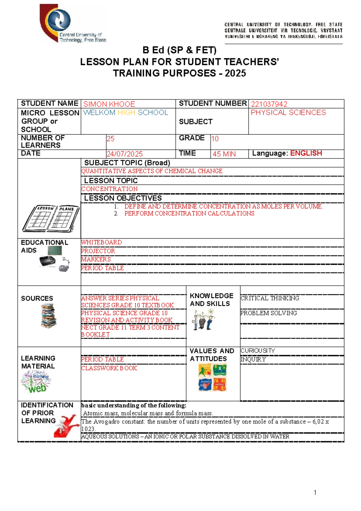 B Ed (SP FET) Lesson Plan: Concentration in Physical Sciences - Studocu