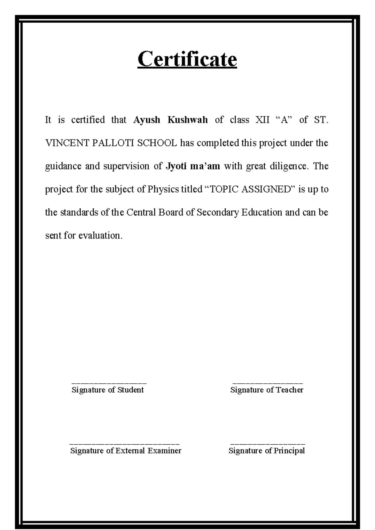 Physics Project Certificate for Class XII Completion - Studocu