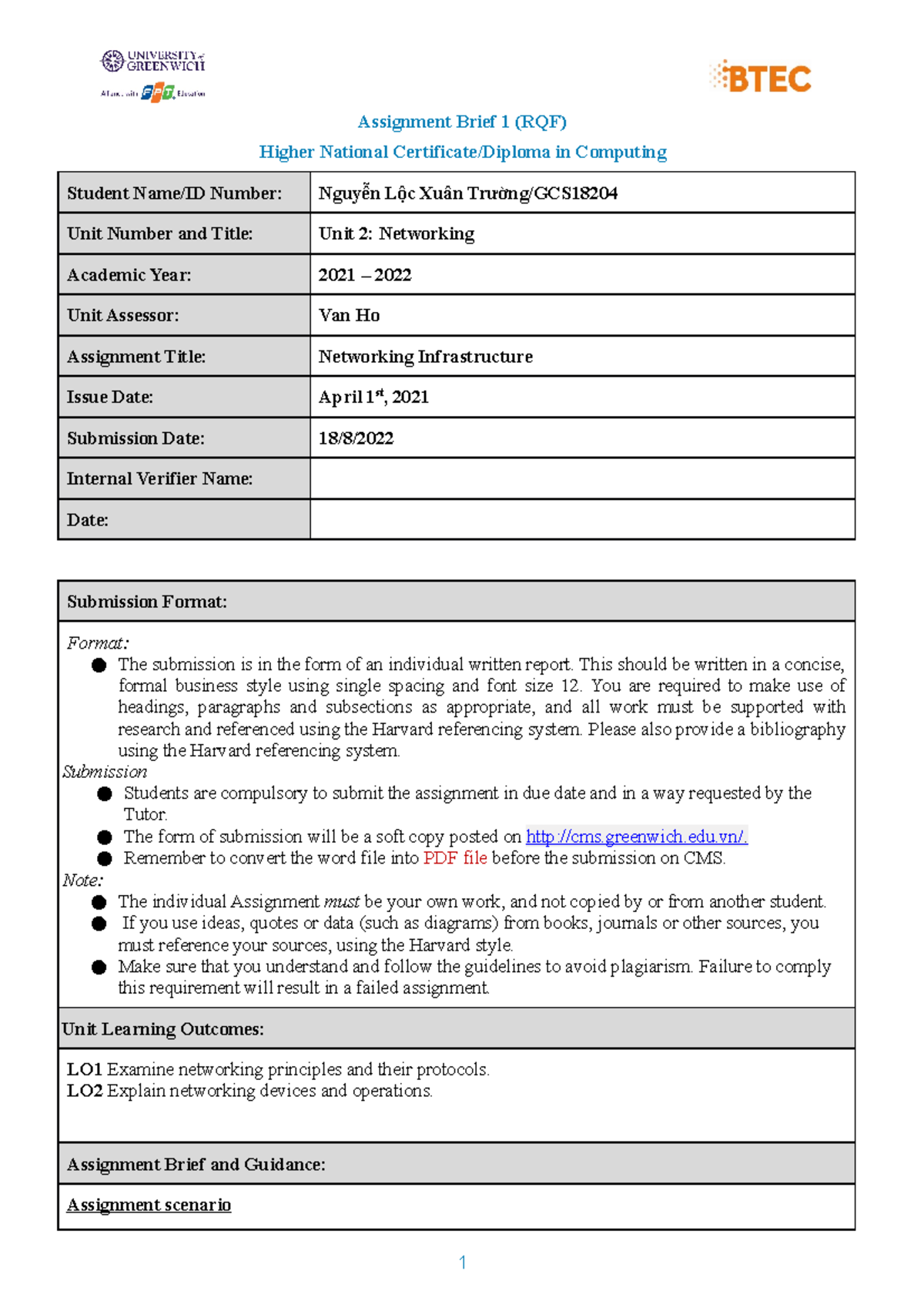 1 Unit 2 - Assignment brief 1 - Assignment Brief 1 (RQF) Higher National Certificate/Diploma in ...