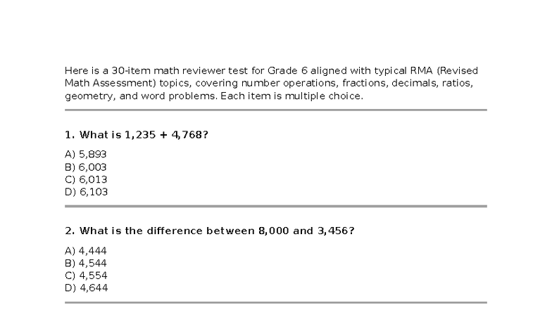 Grade 6 Math Reviewer Test: RMA Topics & MCQs - Studocu