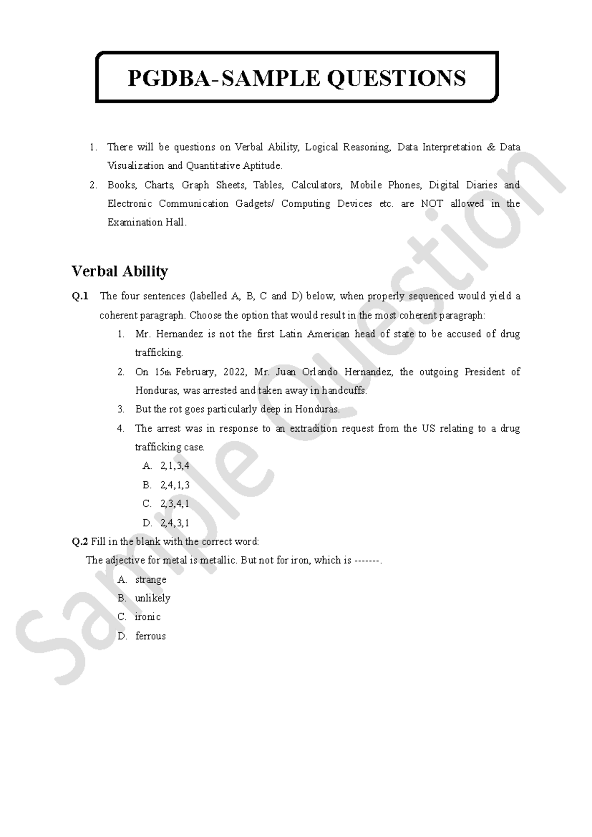 Sample Question Paper for Verbal Ability, Logical Reasoning, and ...