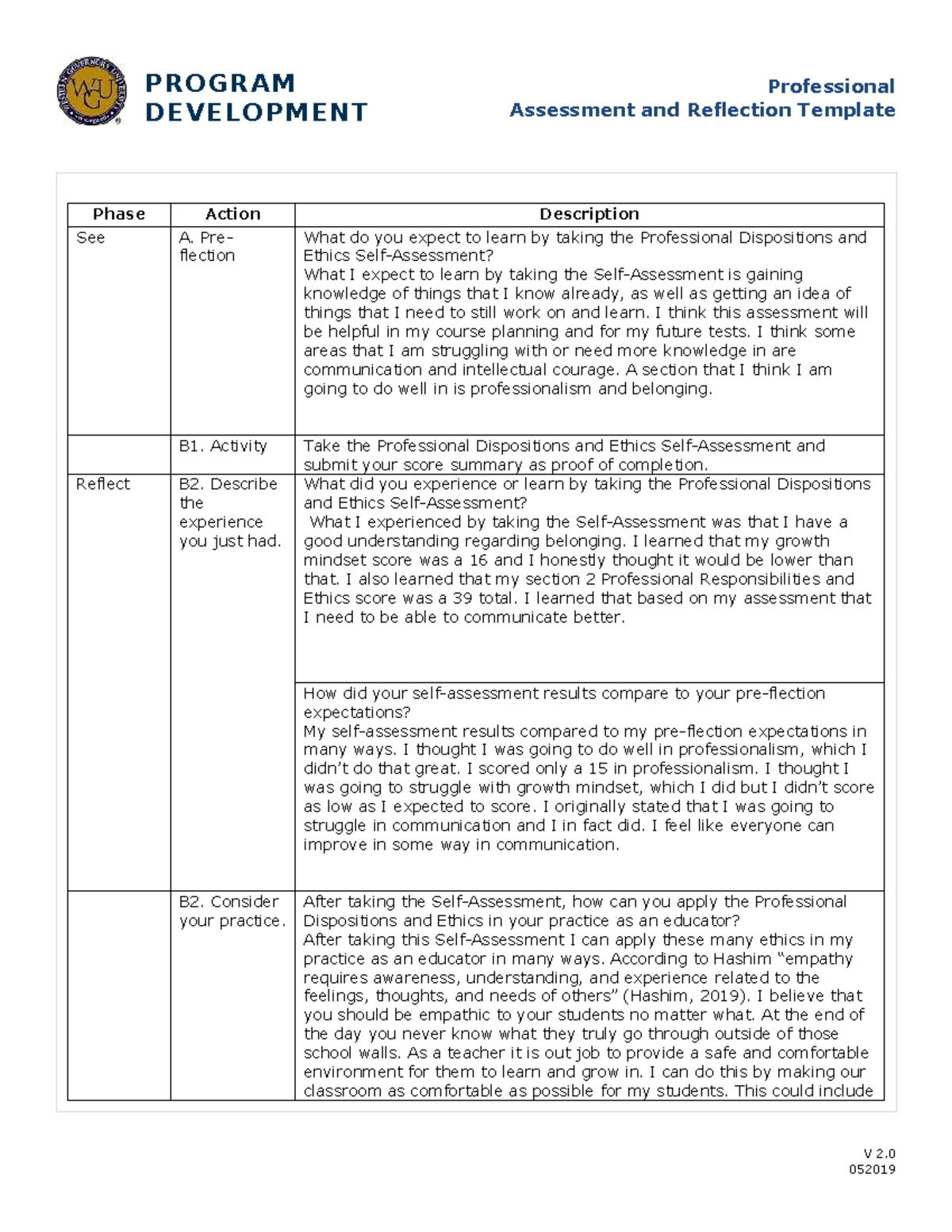 PROGRAM PDE Reflection Template: Professional Dispositions & Ethics ...