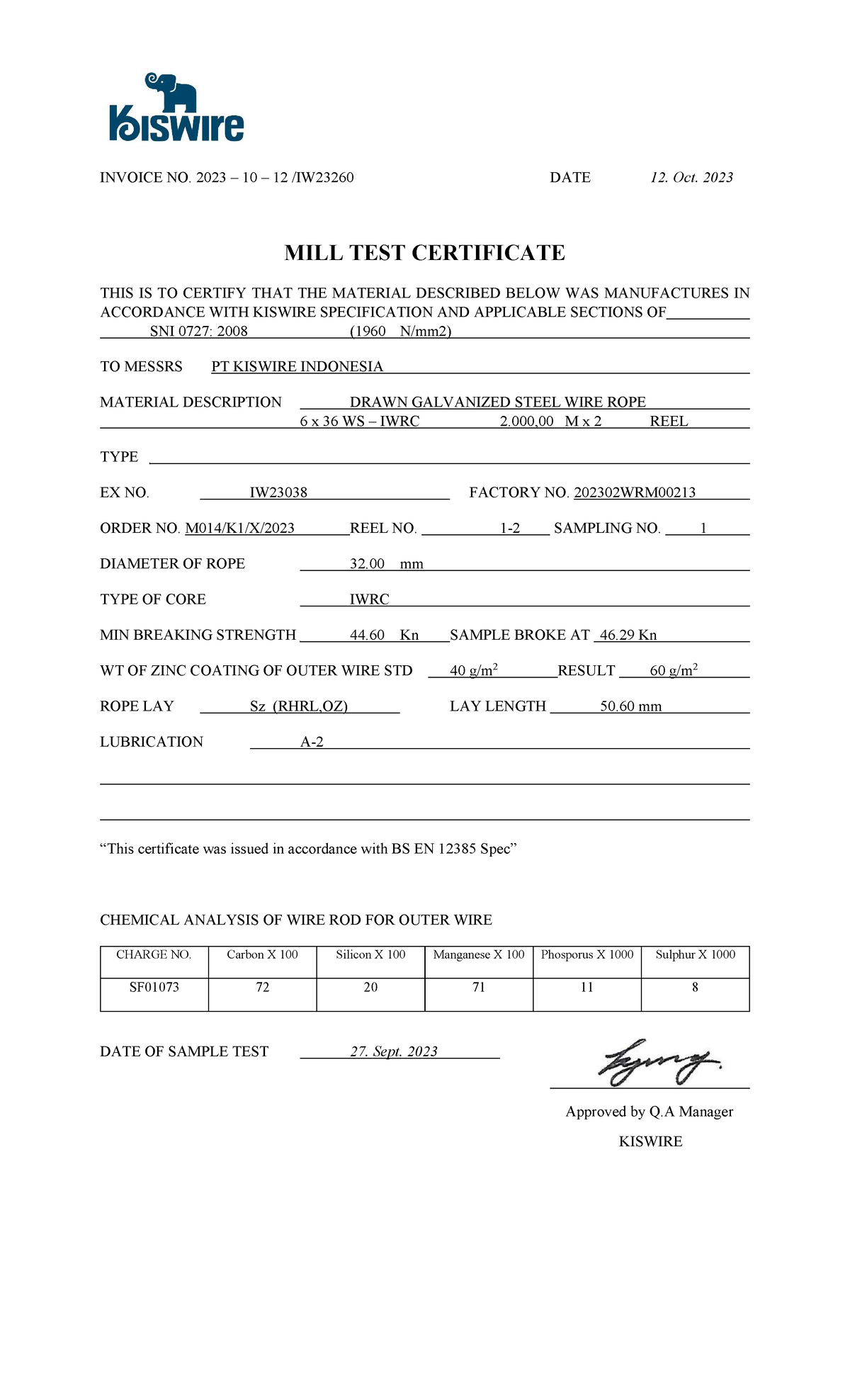 Kiswire Invoice for Galvanized Steel Wire Rope Certificate - Studocu