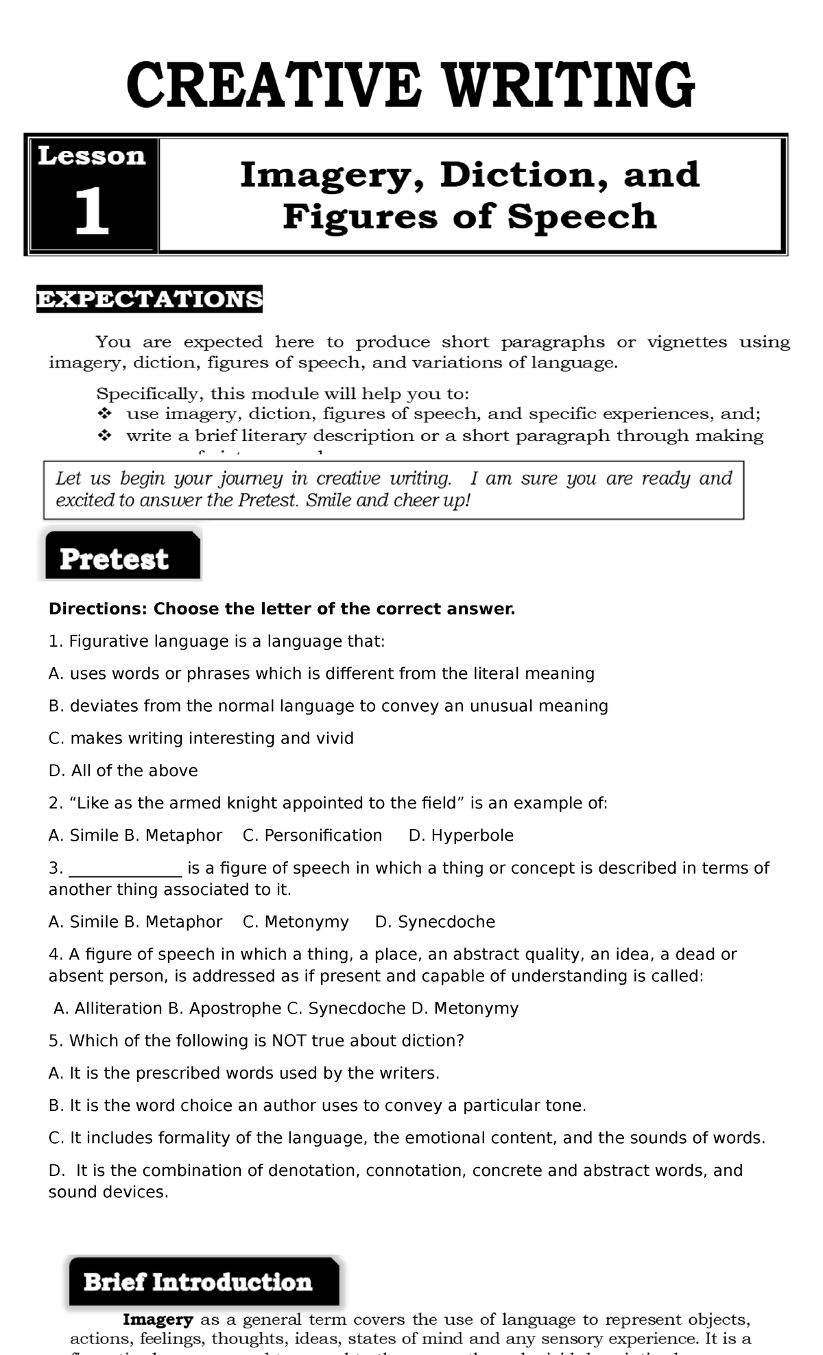 Creative Writing Module: Figurative Language & Diction Quiz - Studocu
