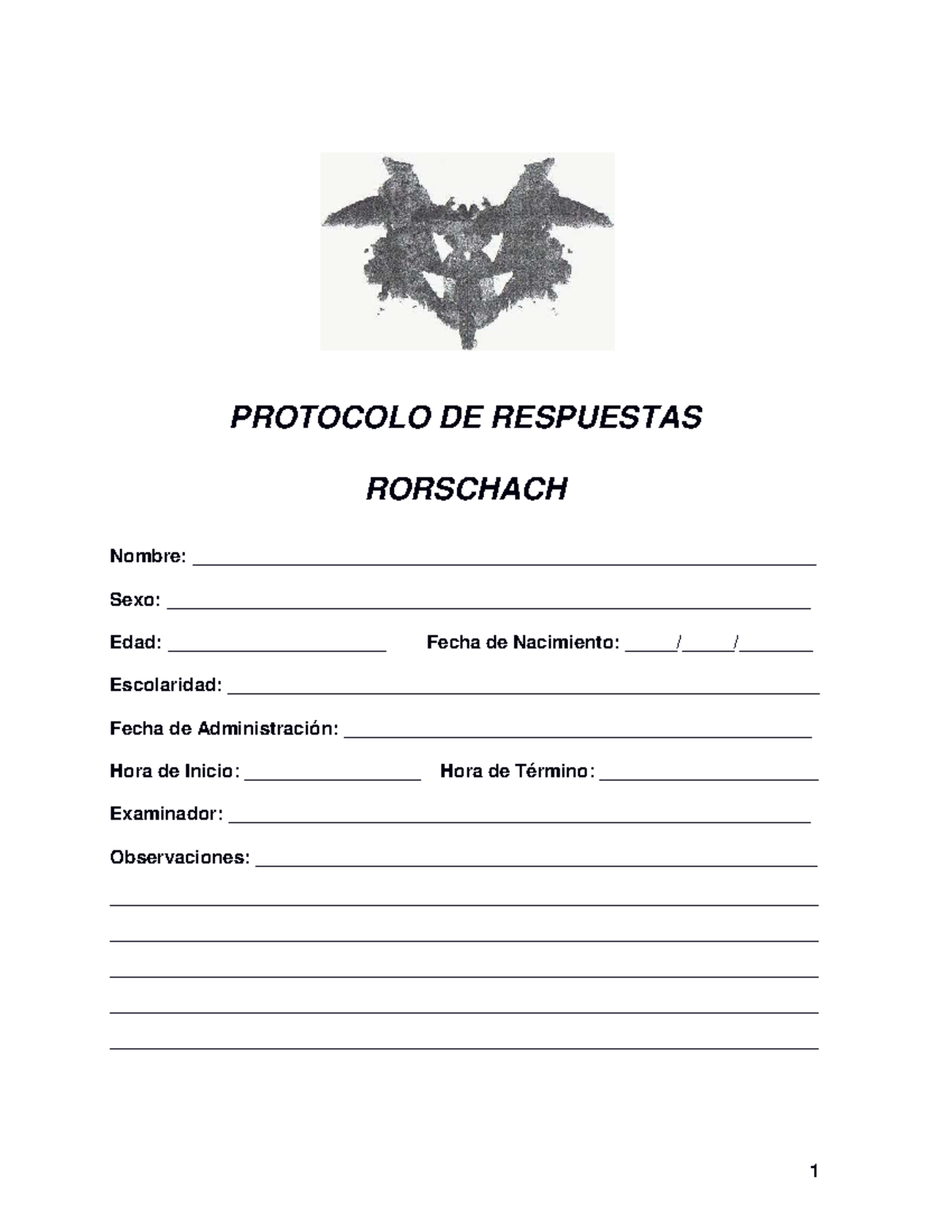 PROTOCOLO DE RESPUESTAS RORSCHACH - Hoja de Localización - Studocu