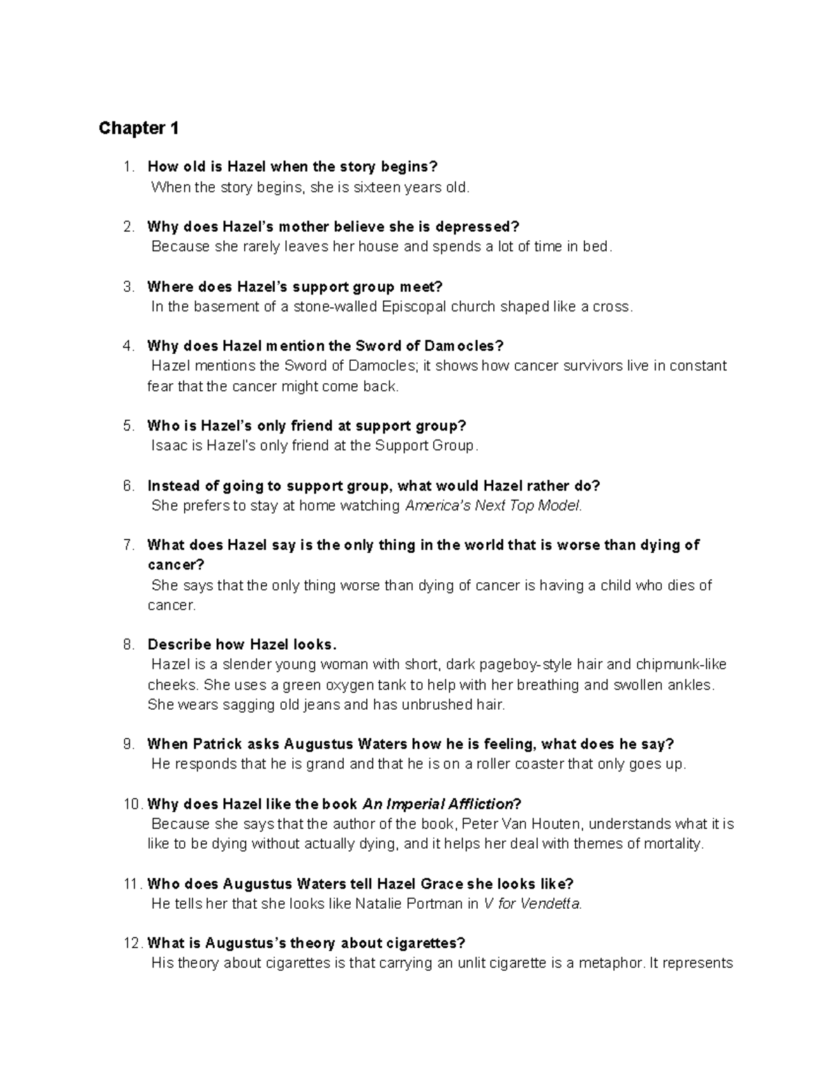 The Fault in Our Stars: Comprehensive Study Guide for Chapters 1-25 ...