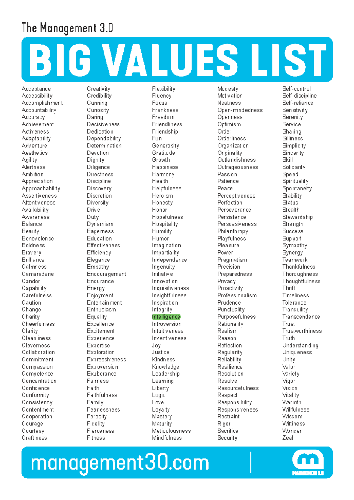 Management 3.0: Comprehensive BIG VALUES LIST - Studeersnel
