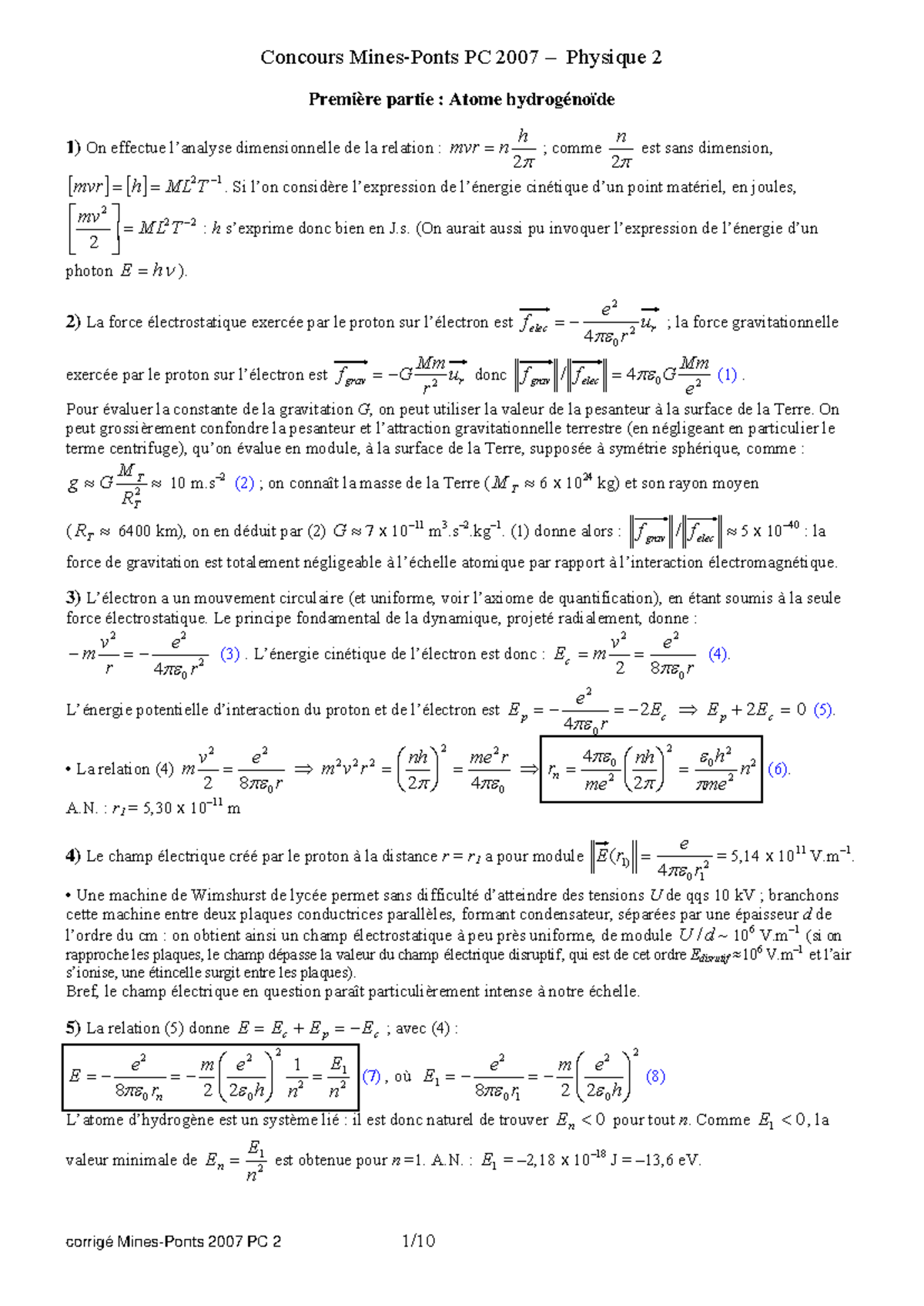 Concours Mines-Ponts PC 2007 - Corrigé de Physique 2 - Studocu
