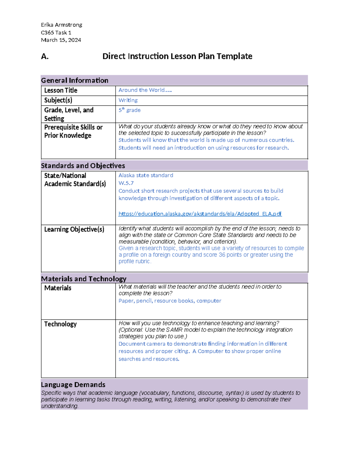 C365 Task 1: Direct Instruction Lesson Plan on World Countries - Studocu
