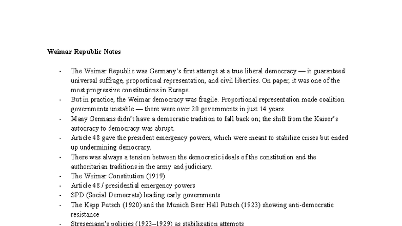 Weimar Republic Notes: Democracy's Fragility and Rise of Nazism - Studocu