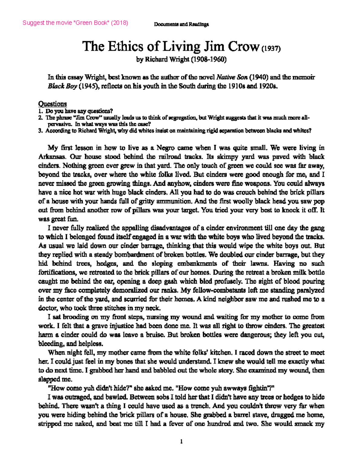 ENG 250: Analysis of Richard Wright's "The Ethics of Living Jim Crow ...