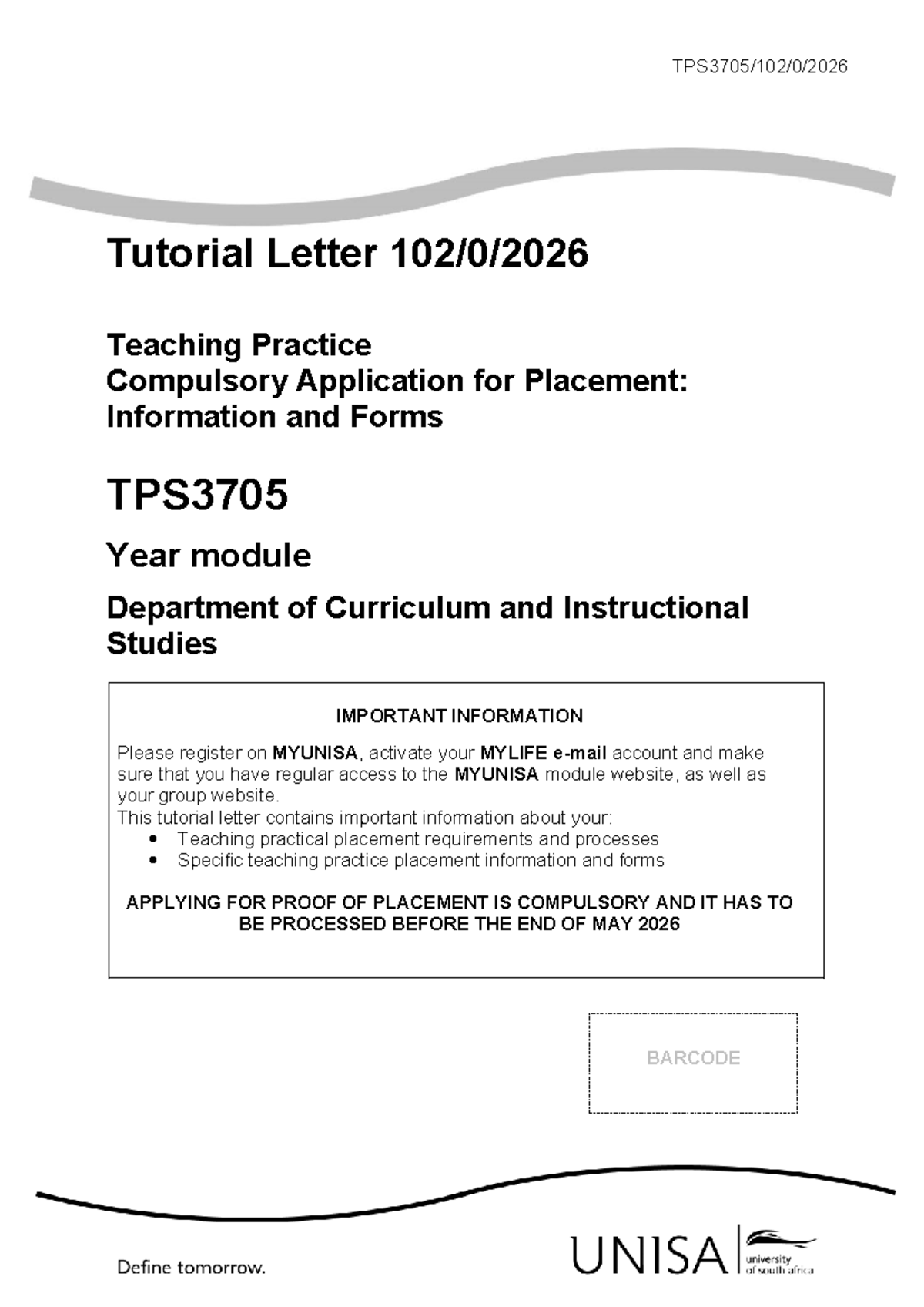 TPS3705 - Teaching Practice Placement Info & Application Guide - Studocu