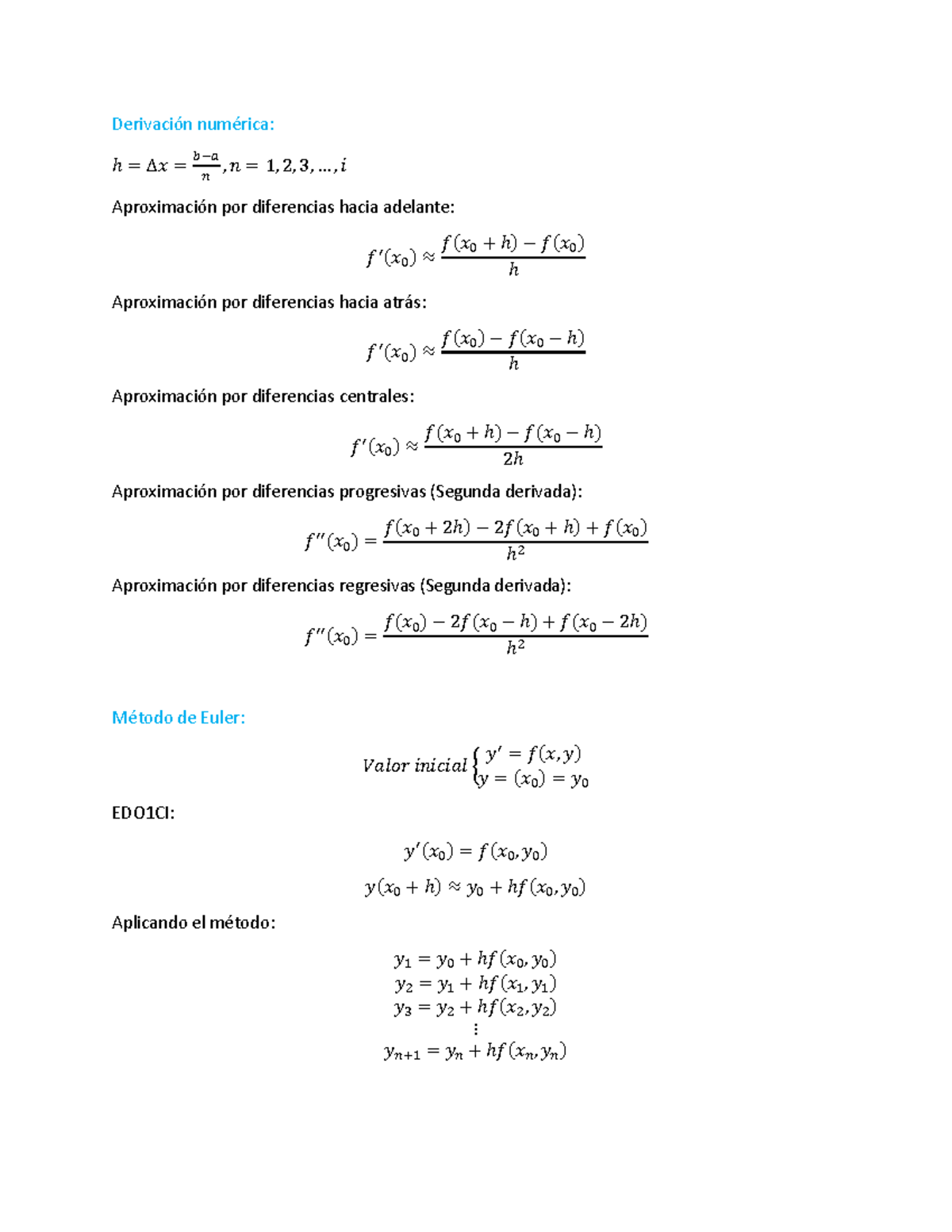 Formulario de Métodos Numéricos EDO1CI: Derivación y Aproximaciones ...