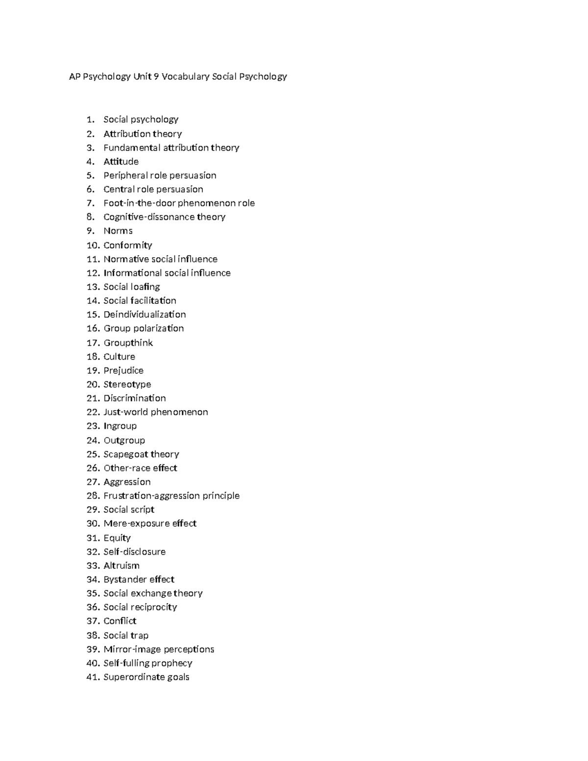 AP Psychology Unit 9 Vocabulary: Key Terms in Social Psychology - Studocu