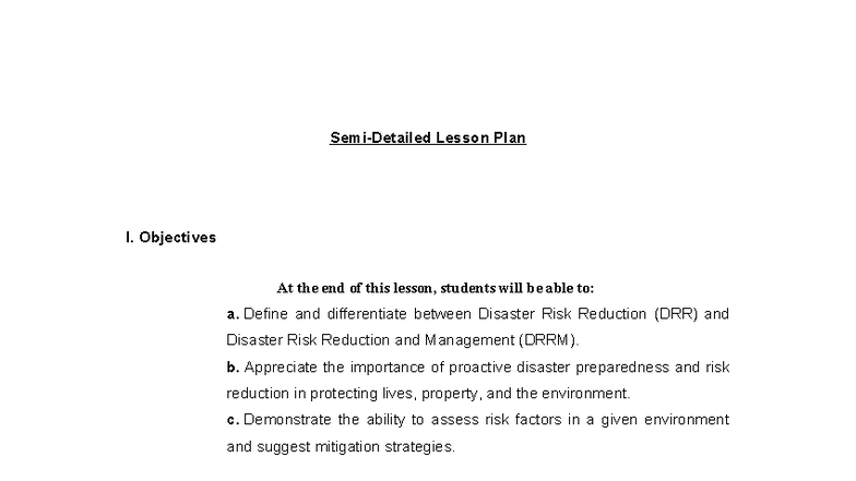 Lesson Plan: Understanding DRR and DRRM Concepts - Studocu