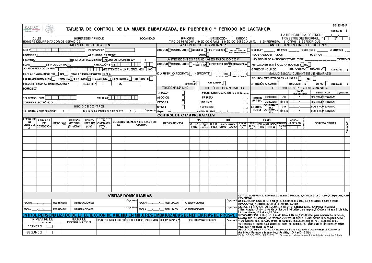 Tarjeta de Control Prenatal para la Mujer Embarazada - SIS-SS-38-P ...