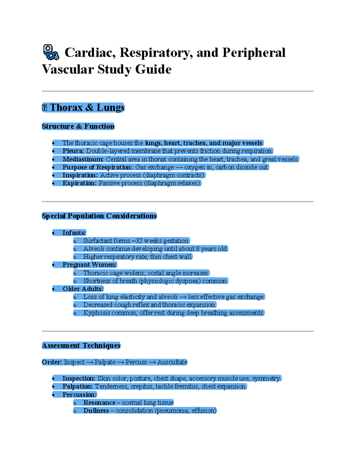 Health Assessment Exam 2: Cardiac, Respiratory & Vascular Study Guide ...