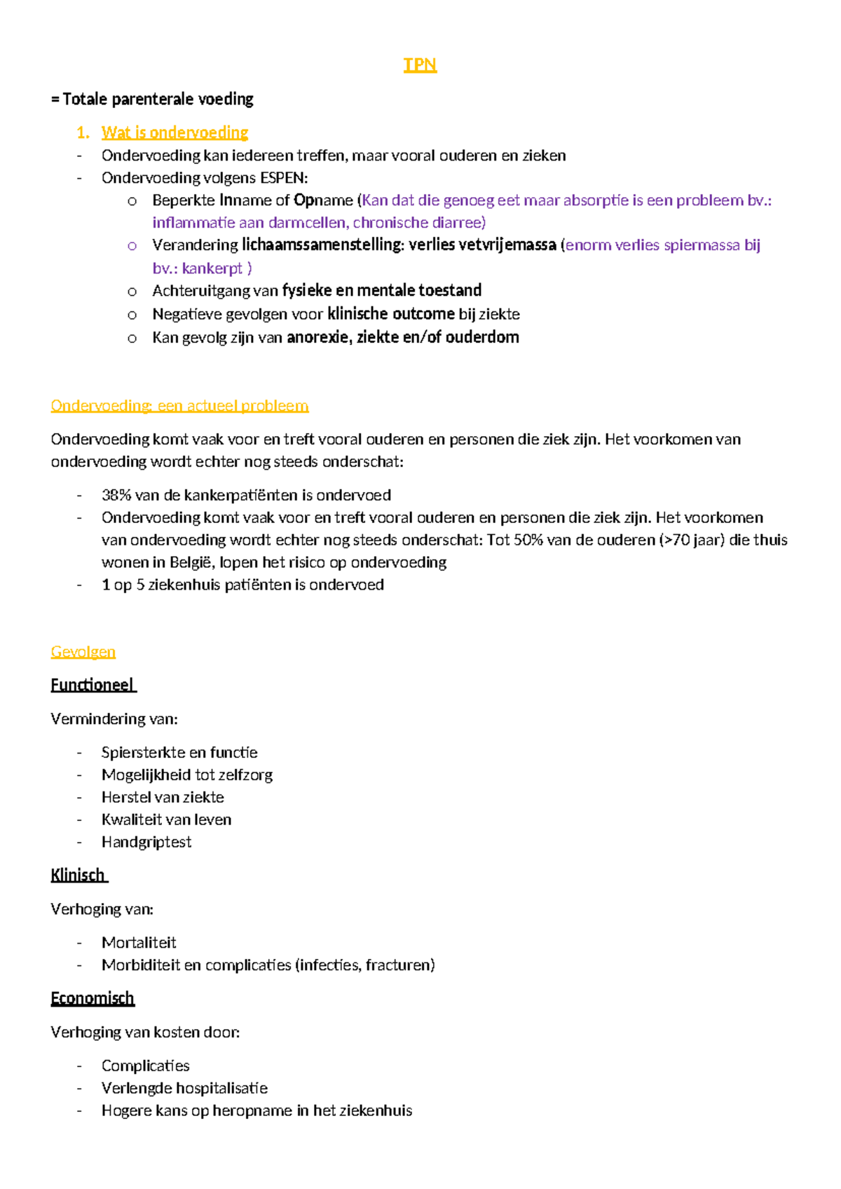 TPN: Ondersteuning bij Ondervoeding en Parenterale Voeding - Studocu