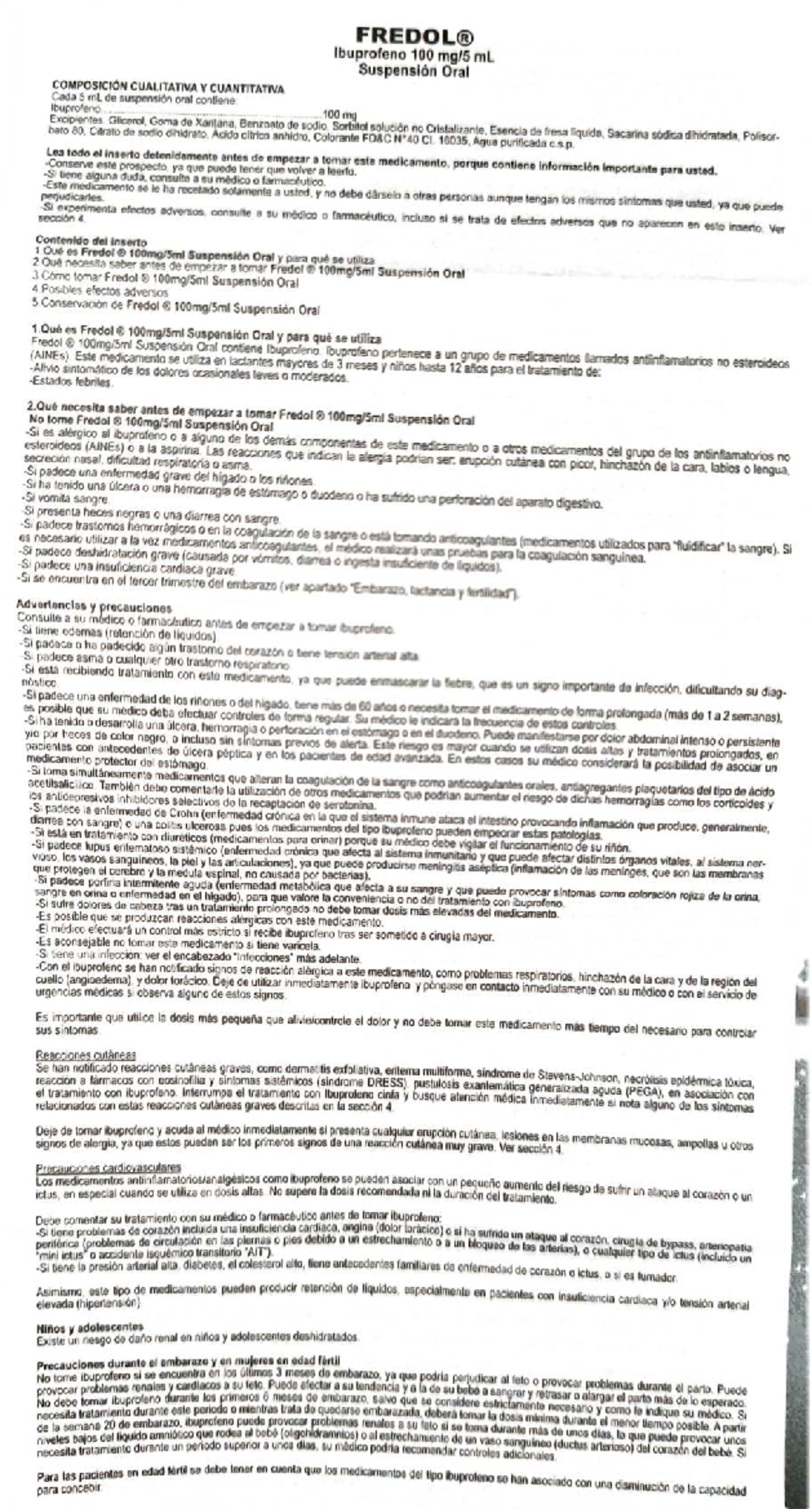 Fredol 100 mg/5 mL Suspensión Oral: Composición y Advertencias - Studocu