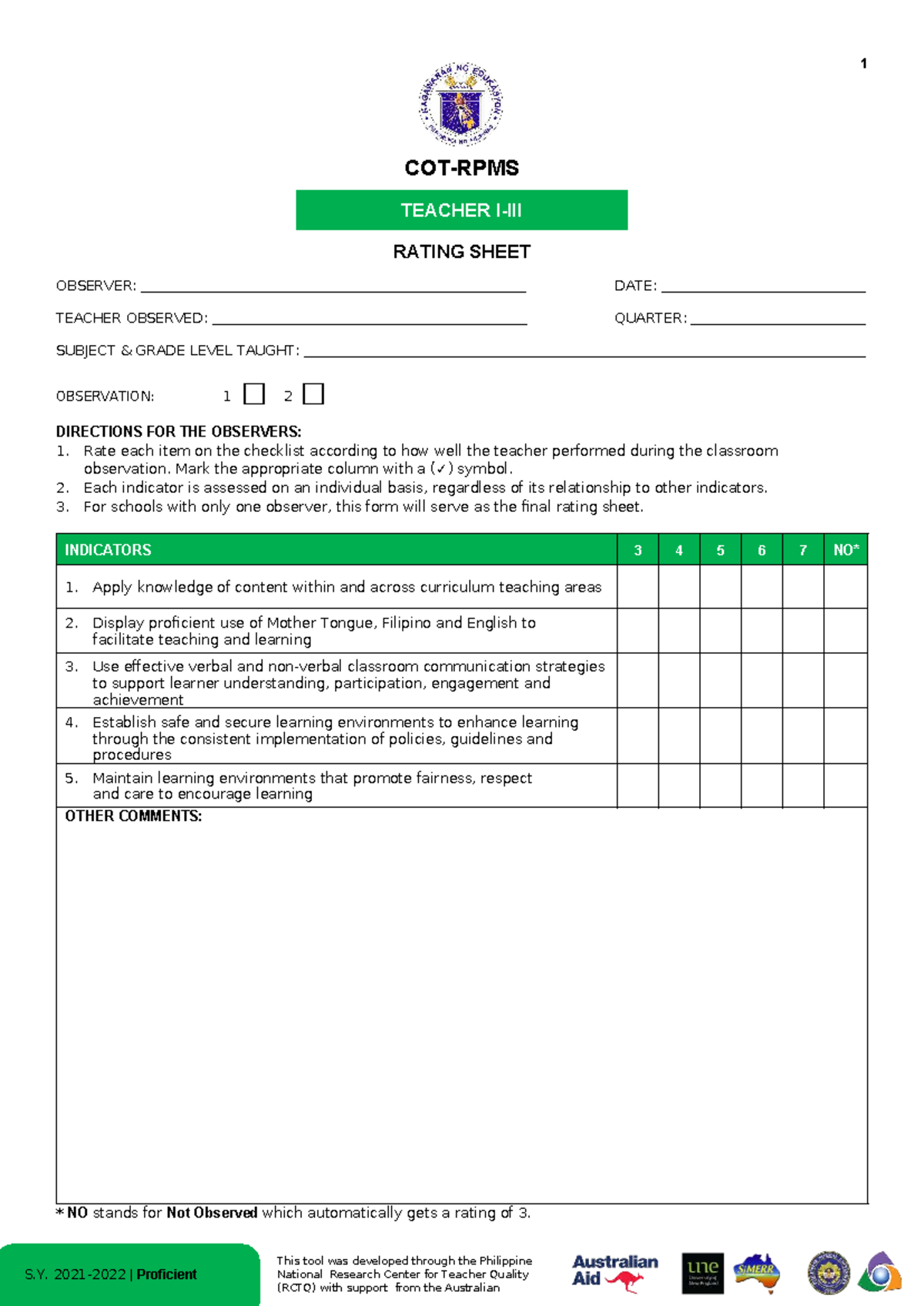 COT-RPMS Teacher Observation & Reflection Tool for Excellence - Studocu