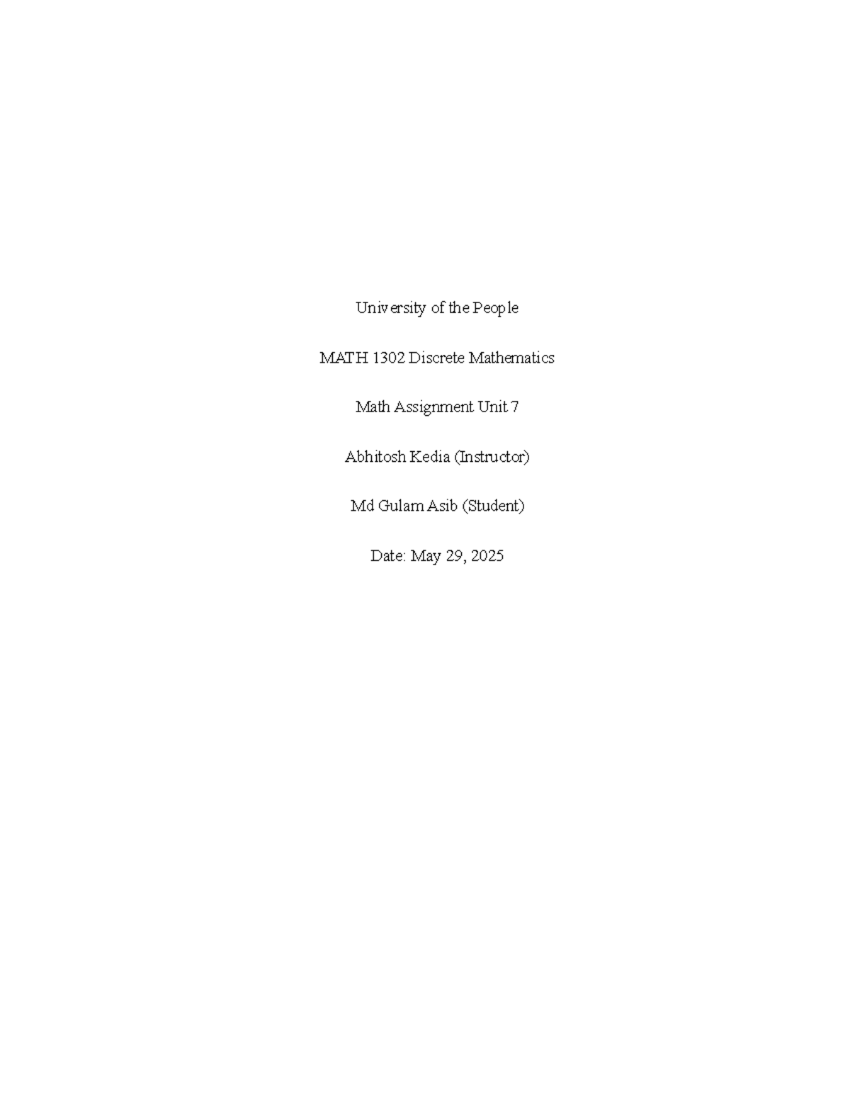 MATH 1302 Discrete Mathematics Assignment Unit 7: Graph Theory Insights ...