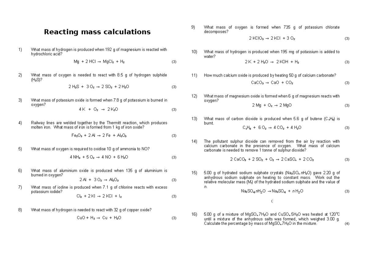 Reacting Masses Worksheet: Stoichiometry Calculations - Studocu
