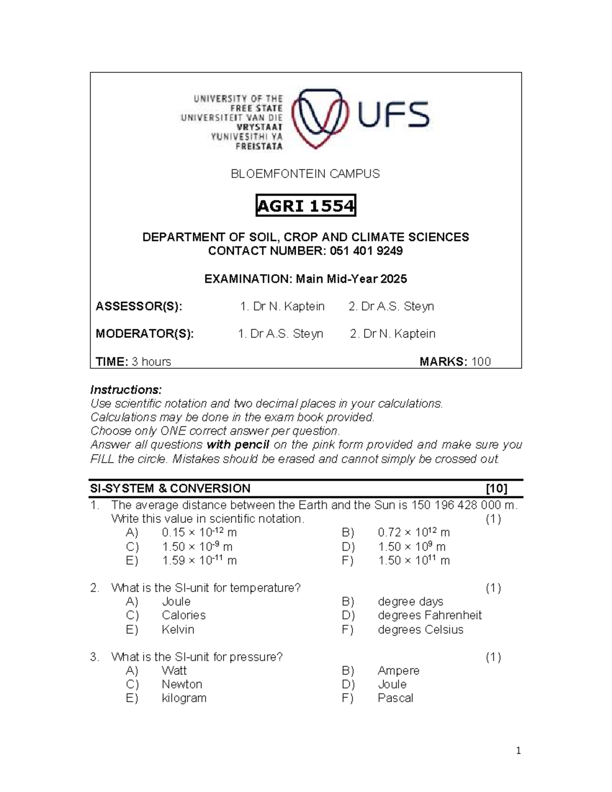 AGRI 1554 MAIN 2025 - SOIL, CROP & CLIMATE SCIENCES EXAM - Studocu