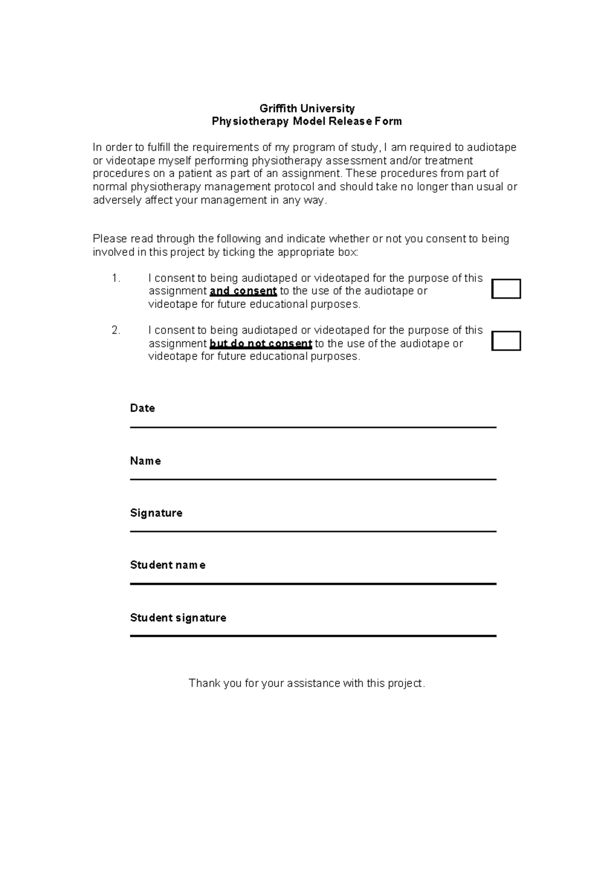 Griffith University Physiotherapy Model Release Form for Assignment ...