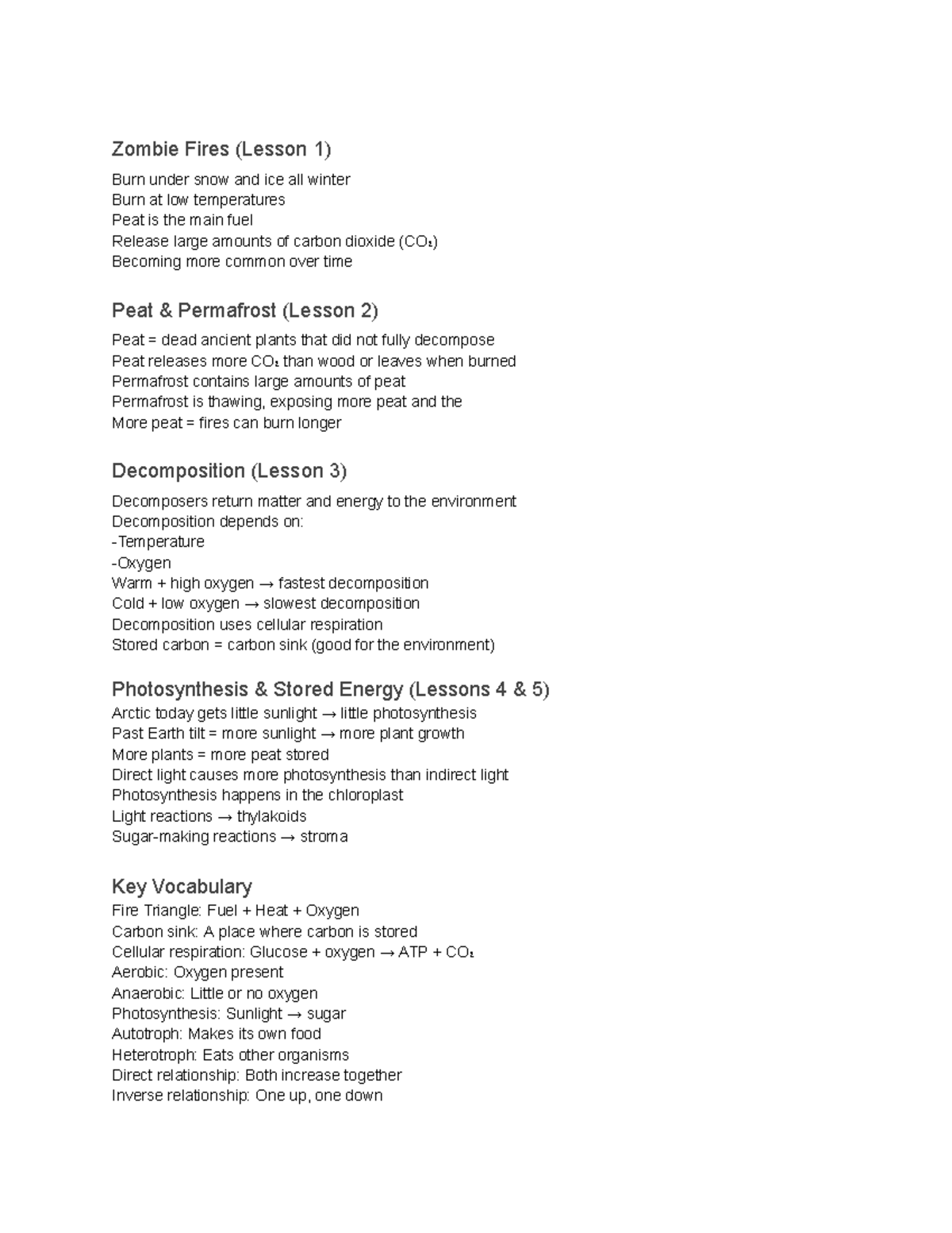 Unit Two Cheat Sheet: Zombie Fires, Peat, and Decomposition - Studocu