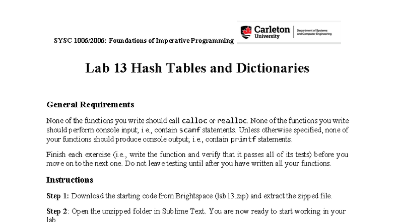 SYSC Lab 13: Hash Tables & Dictionaries Implementation Guide - Studocu