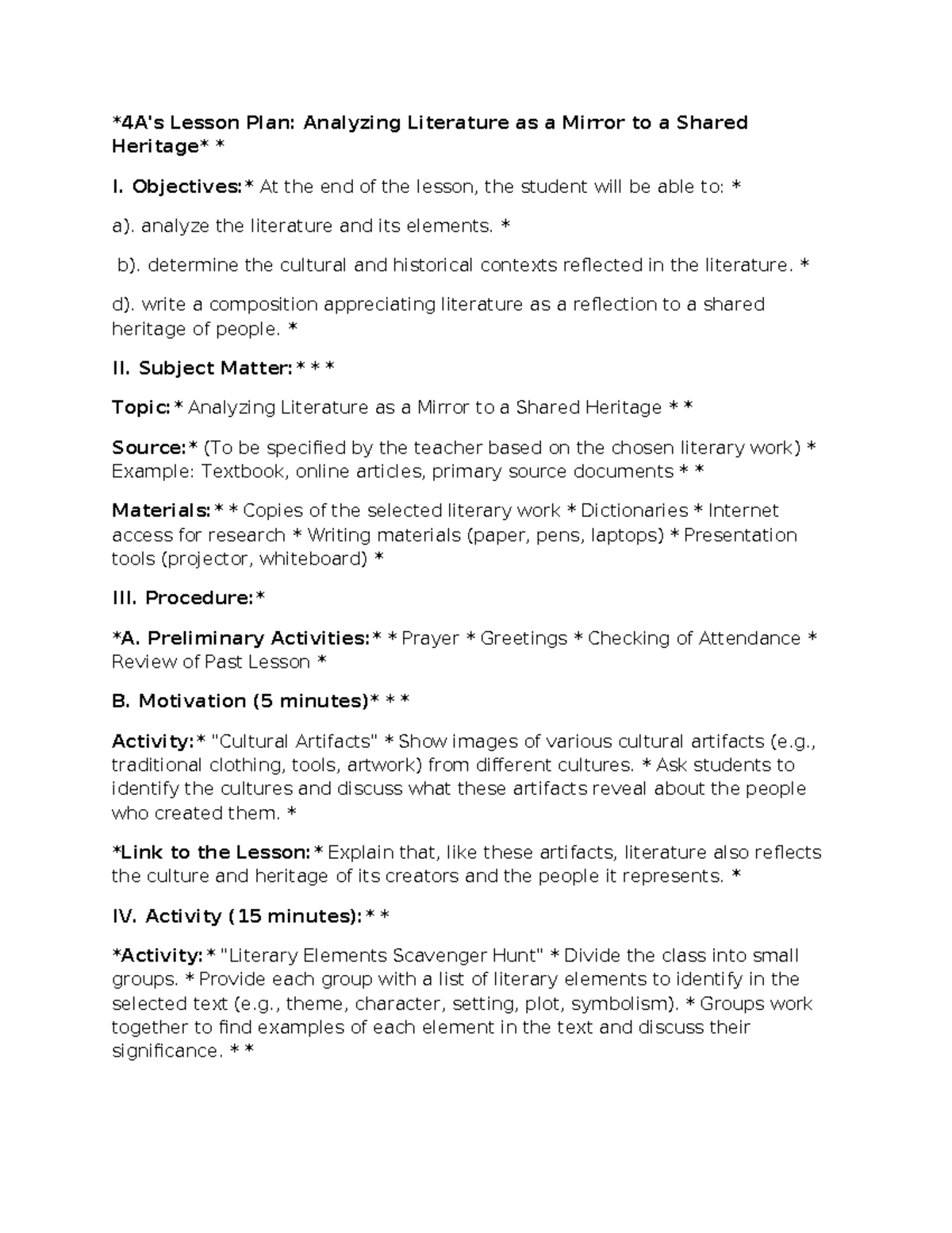Lesson Plan 4A: Analyzing Literature as a Reflection of Heritage - Studocu
