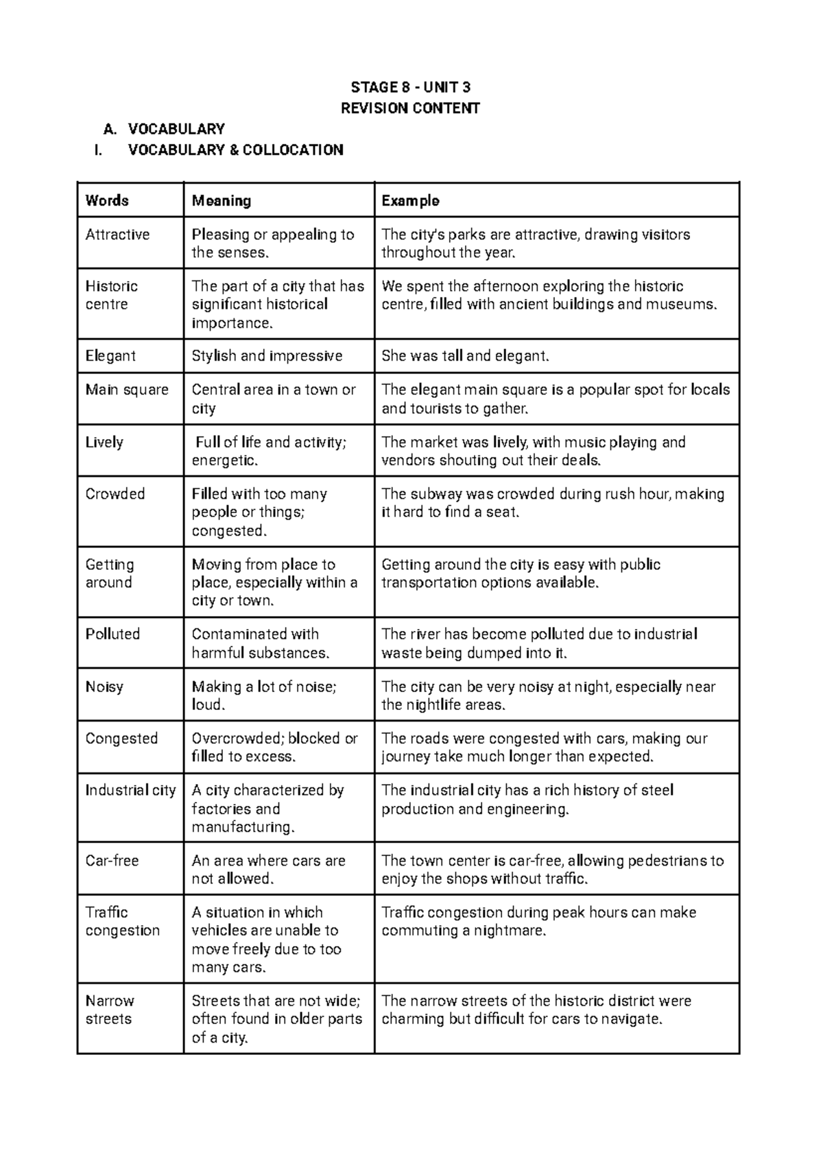 Unit 3 - Revision Content Vocabulary for STAGE 8 - Studocu