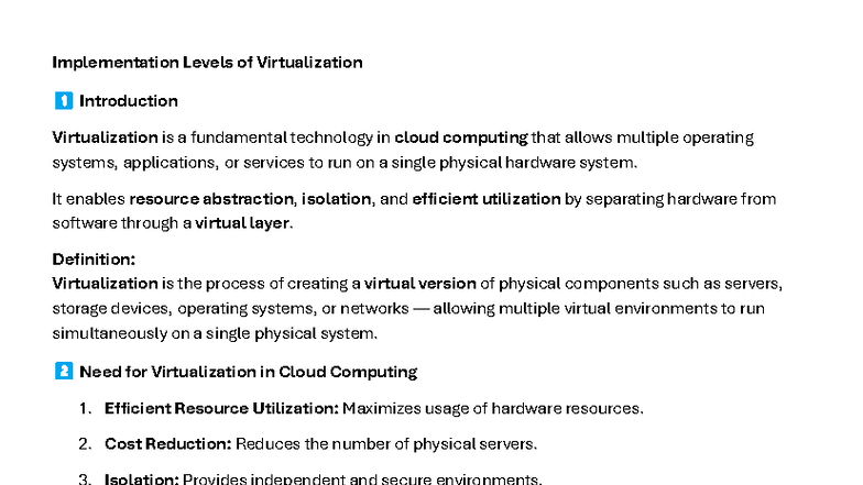 CC UNIT-2 SEM: Levels and Implementation of Virtualization - Studocu