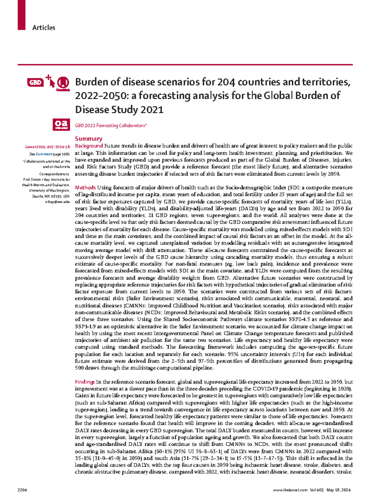 Forecasting Disease Burden Scenarios for 204 Countries: GBD 2021 ...