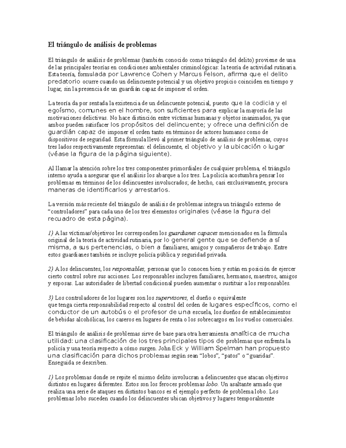 El triángulo del análisis de problemas delictivos y su prevención - Studocu