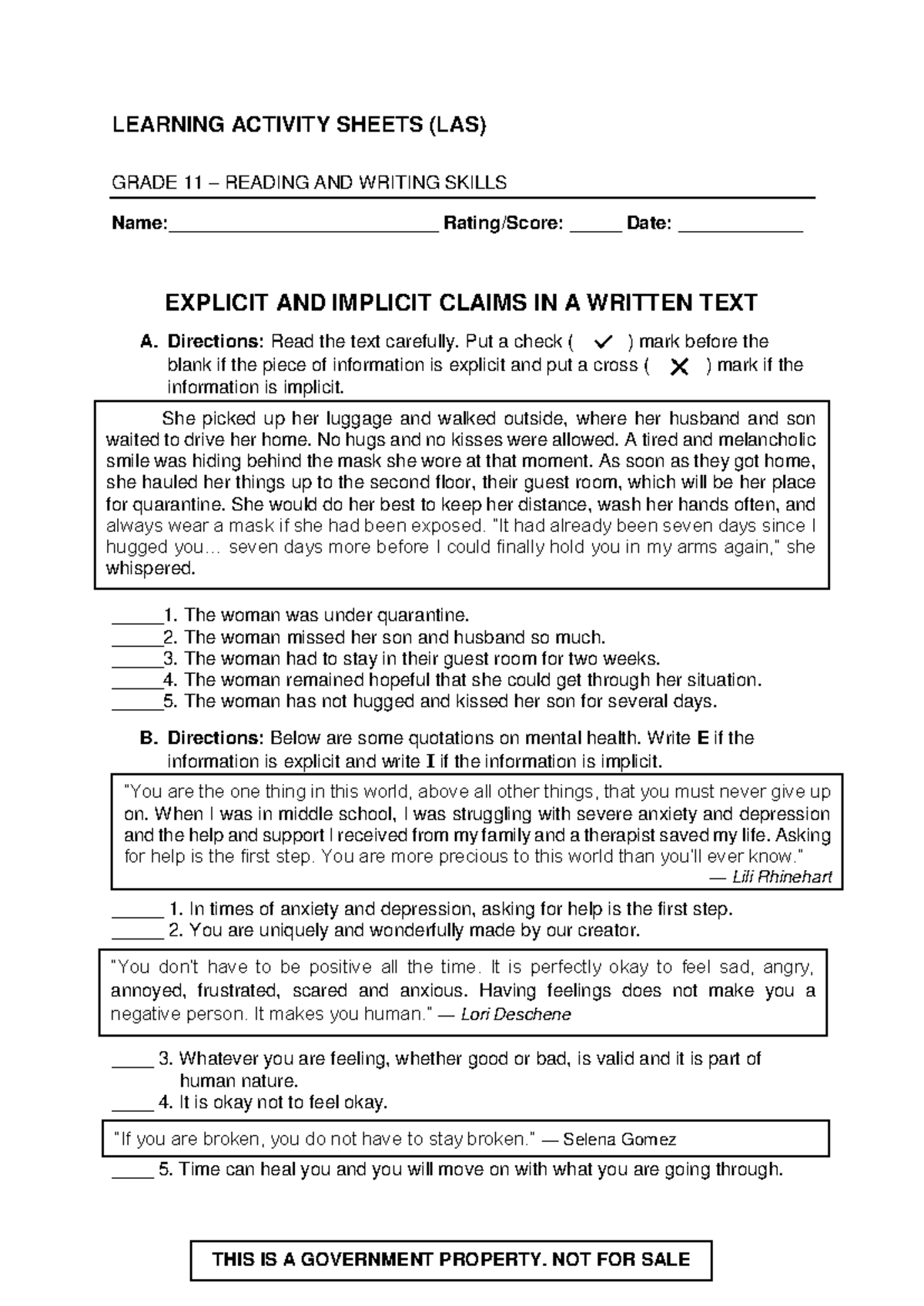 Grade 11 LAS: Explicit & Implicit Claims in Reading & Writing Skills ...