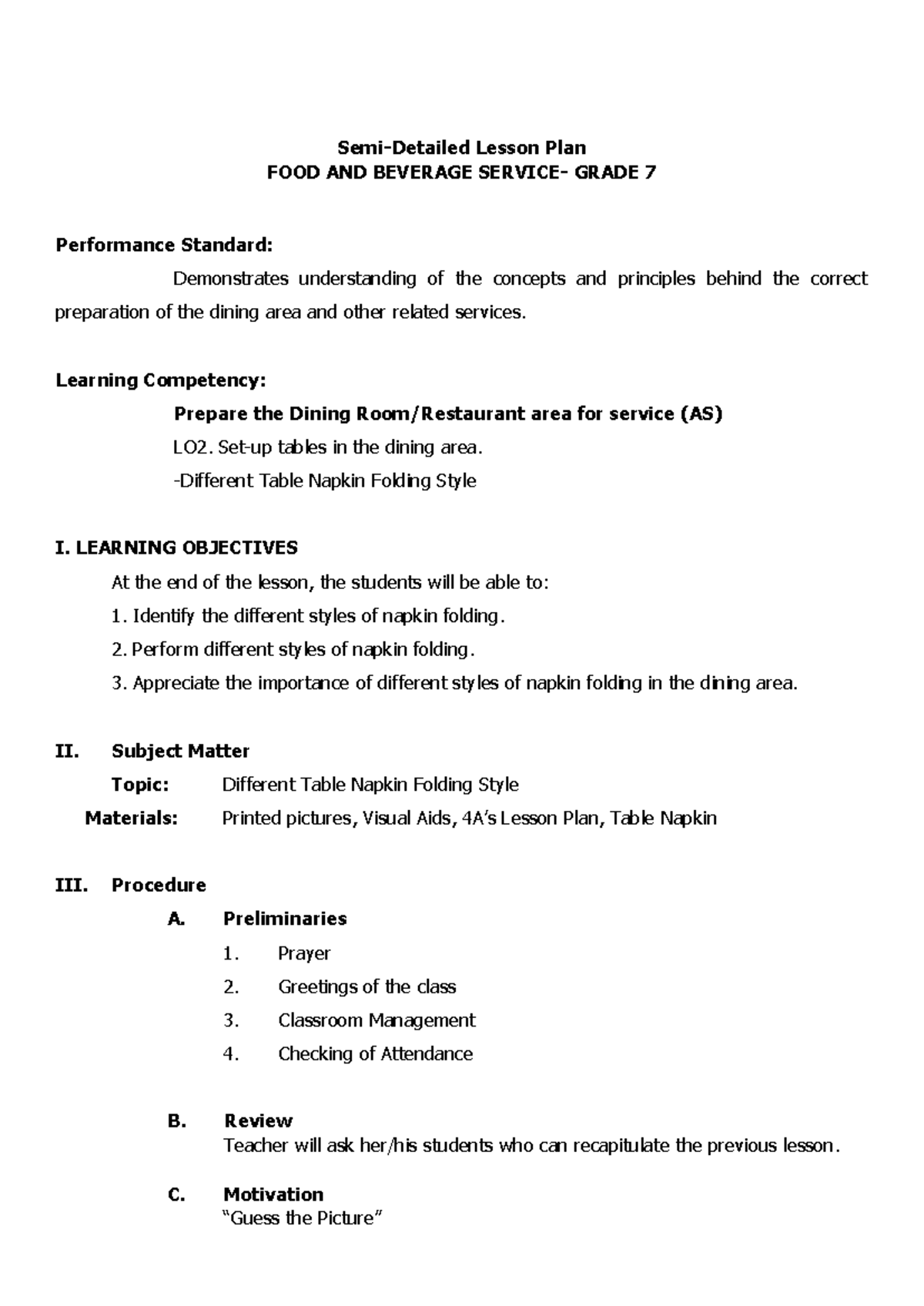 Grade 7 Food & Beverage Service: Lesson Plan on Napkin Folding Styles ...